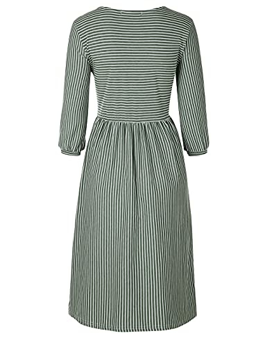 MEROKEETY Women's Short Sleeve Striped High Waist T Shirt Midi Dress with Pockets, Olive, Medium