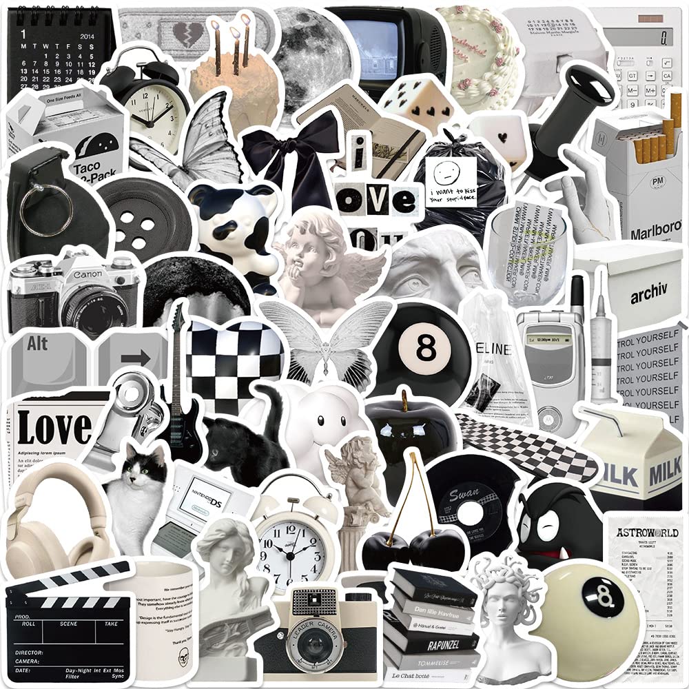 Aesthetic VSCO Stickers for Water Bottles,Black and White Simple Vinyl Sticker for Laptop,61Pcs DIY Decorate Skateboard Computer Phone Decals for Kids Girls Teens (Black & White)