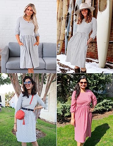 MEROKEETY Women's Short Sleeve Striped High Waist T Shirt Midi Dress with Pockets, Olive, Medium