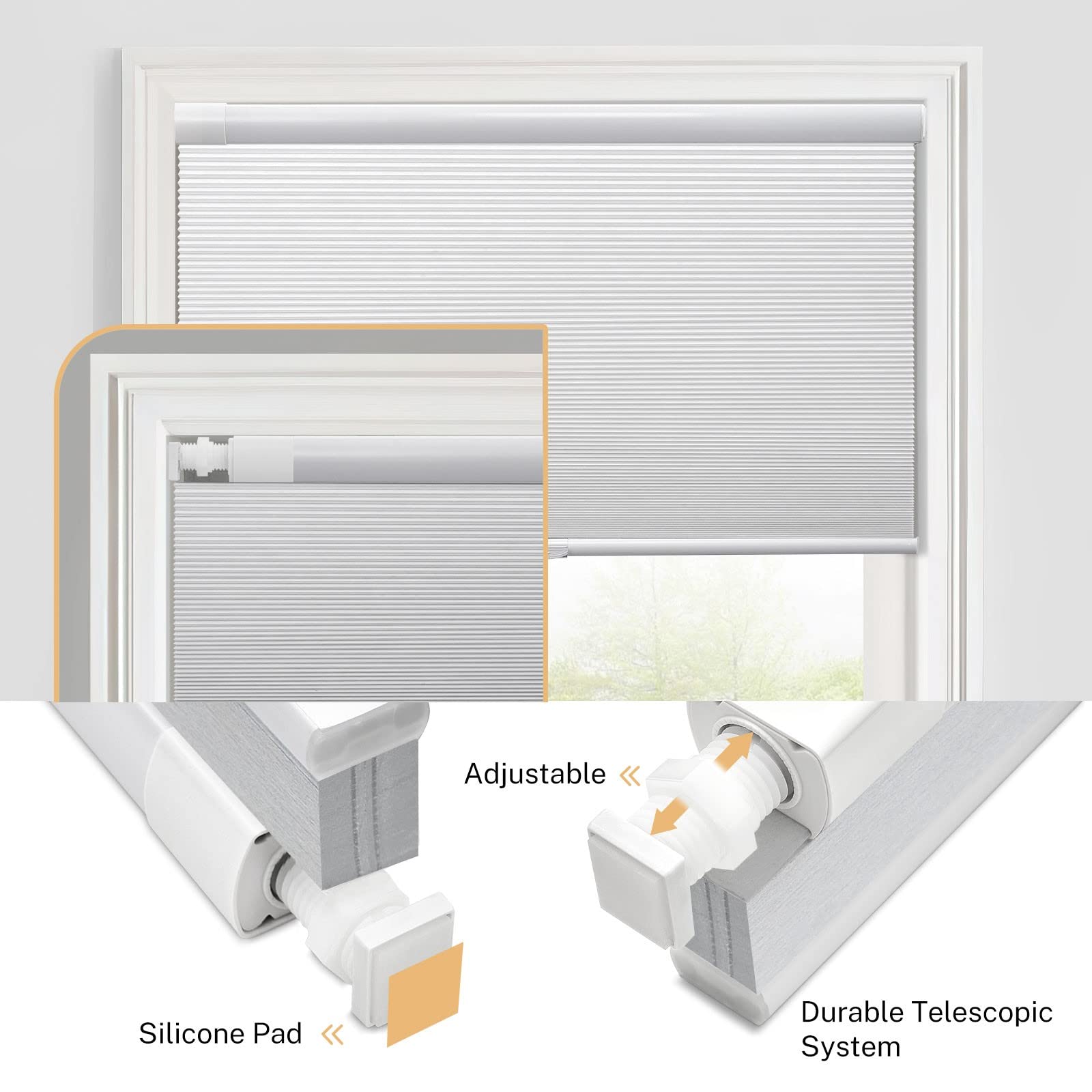 Keego Cordless No Drill Cellular Blinds for Window Blackout Honeycomb Shades No Tools Easy Install for Home Kitchen Bedroom Office(Blackout,White,34w x 60h)