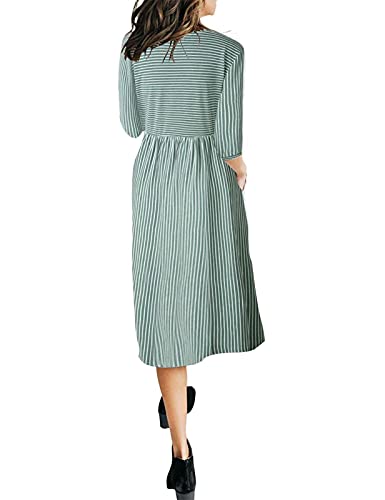 MEROKEETY Women's Short Sleeve Striped High Waist T Shirt Midi Dress with Pockets, Olive, Medium