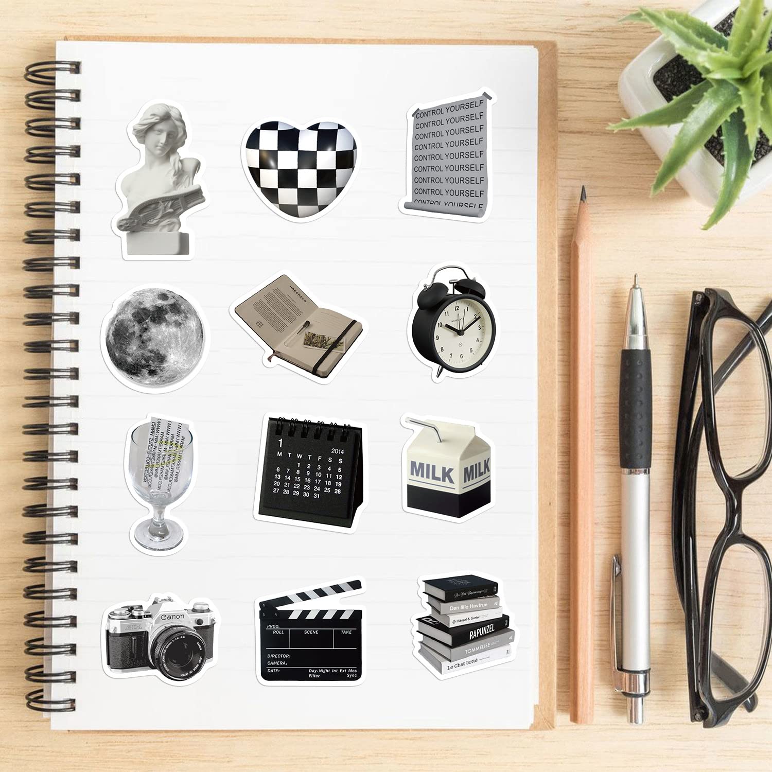 Aesthetic VSCO Stickers for Water Bottles,Black and White Simple Vinyl Sticker for Laptop,61Pcs DIY Decorate Skateboard Computer Phone Decals for Kids Girls Teens (Black & White)