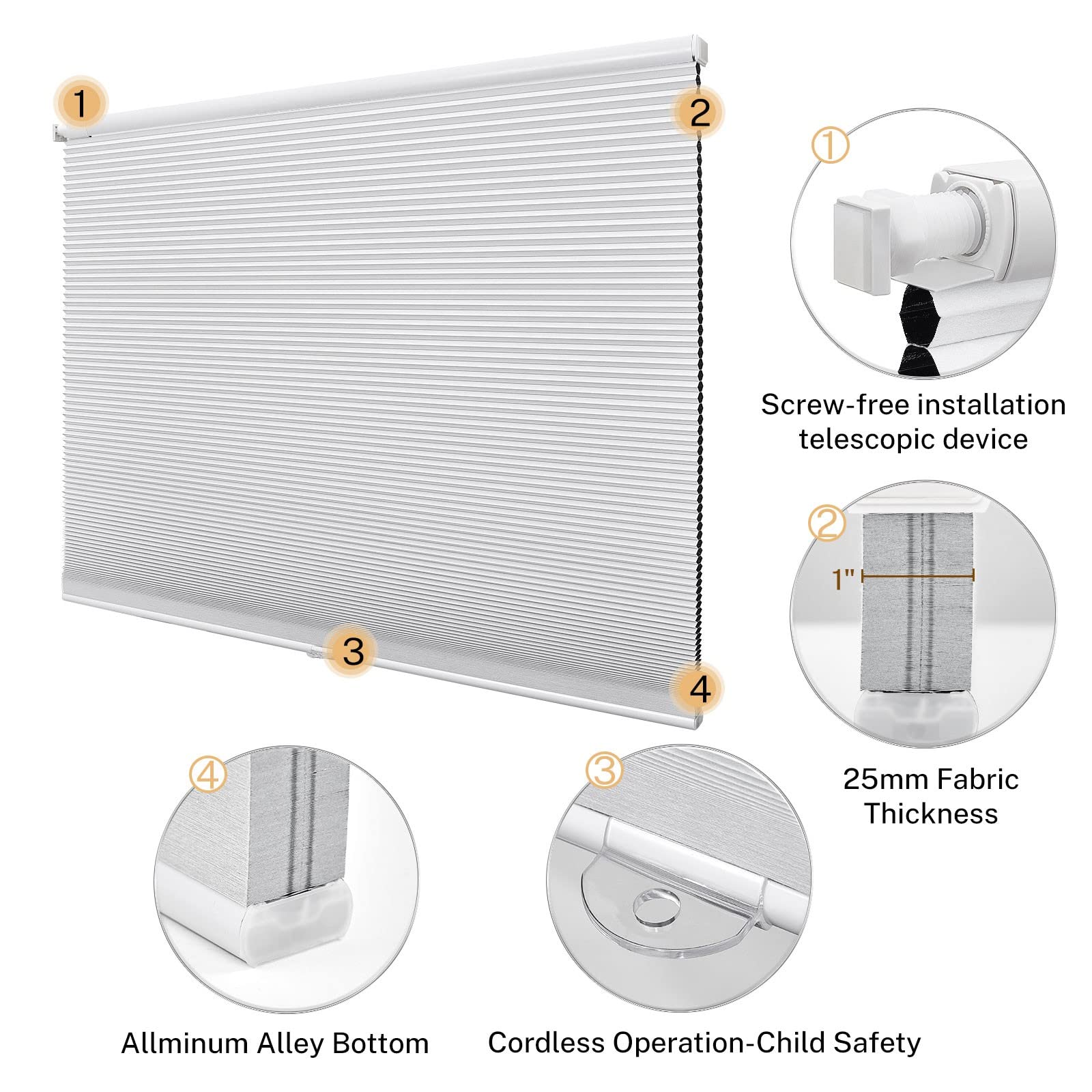 Keego Cordless No Drill Cellular Blinds for Window Blackout Honeycomb Shades No Tools Easy Install for Home Kitchen Bedroom Office(Blackout,White,34w x 60h)