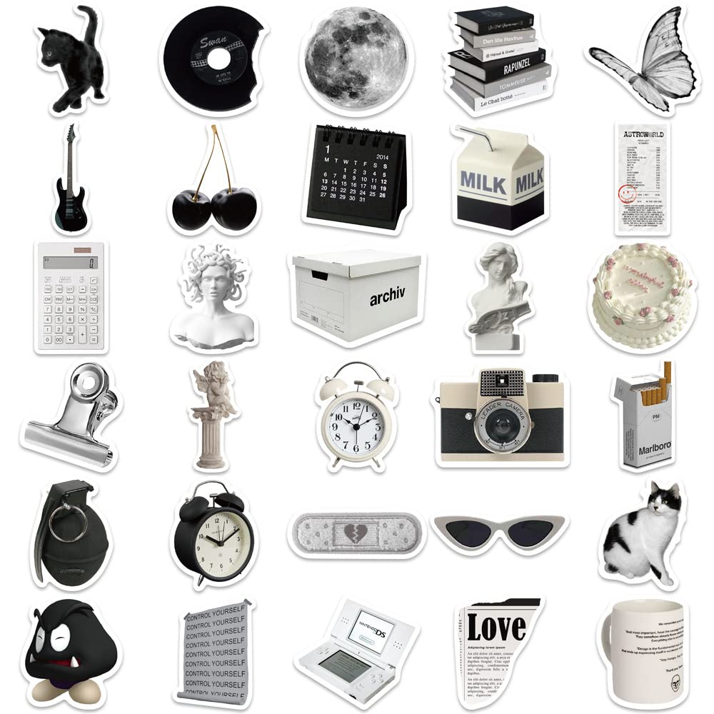 Aesthetic VSCO Stickers for Water Bottles,Black and White Simple Vinyl Sticker for Laptop,61Pcs DIY Decorate Skateboard Computer Phone Decals for Kids Girls Teens (Black & White)