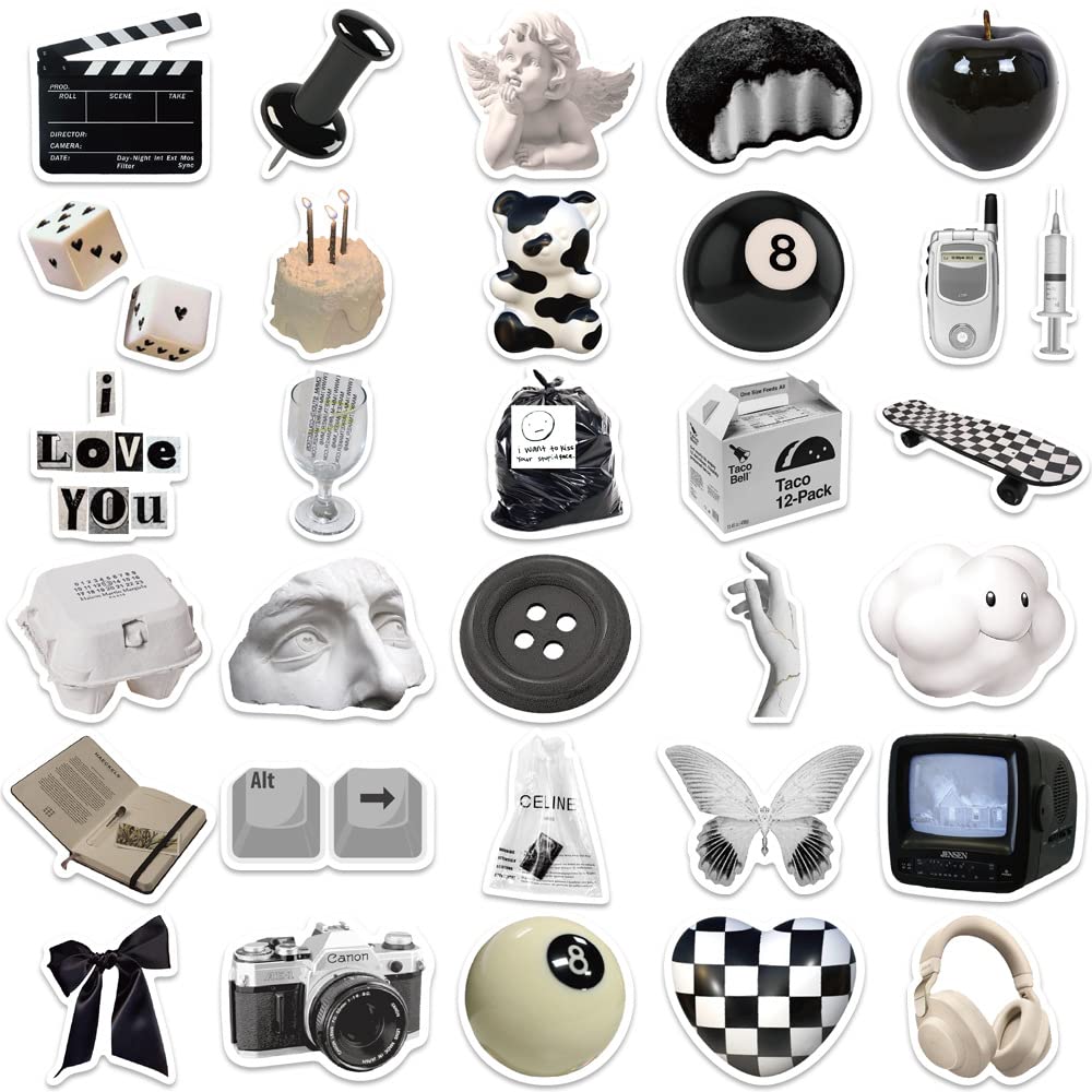 Aesthetic VSCO Stickers for Water Bottles,Black and White Simple Vinyl Sticker for Laptop,61Pcs DIY Decorate Skateboard Computer Phone Decals for Kids Girls Teens (Black & White)