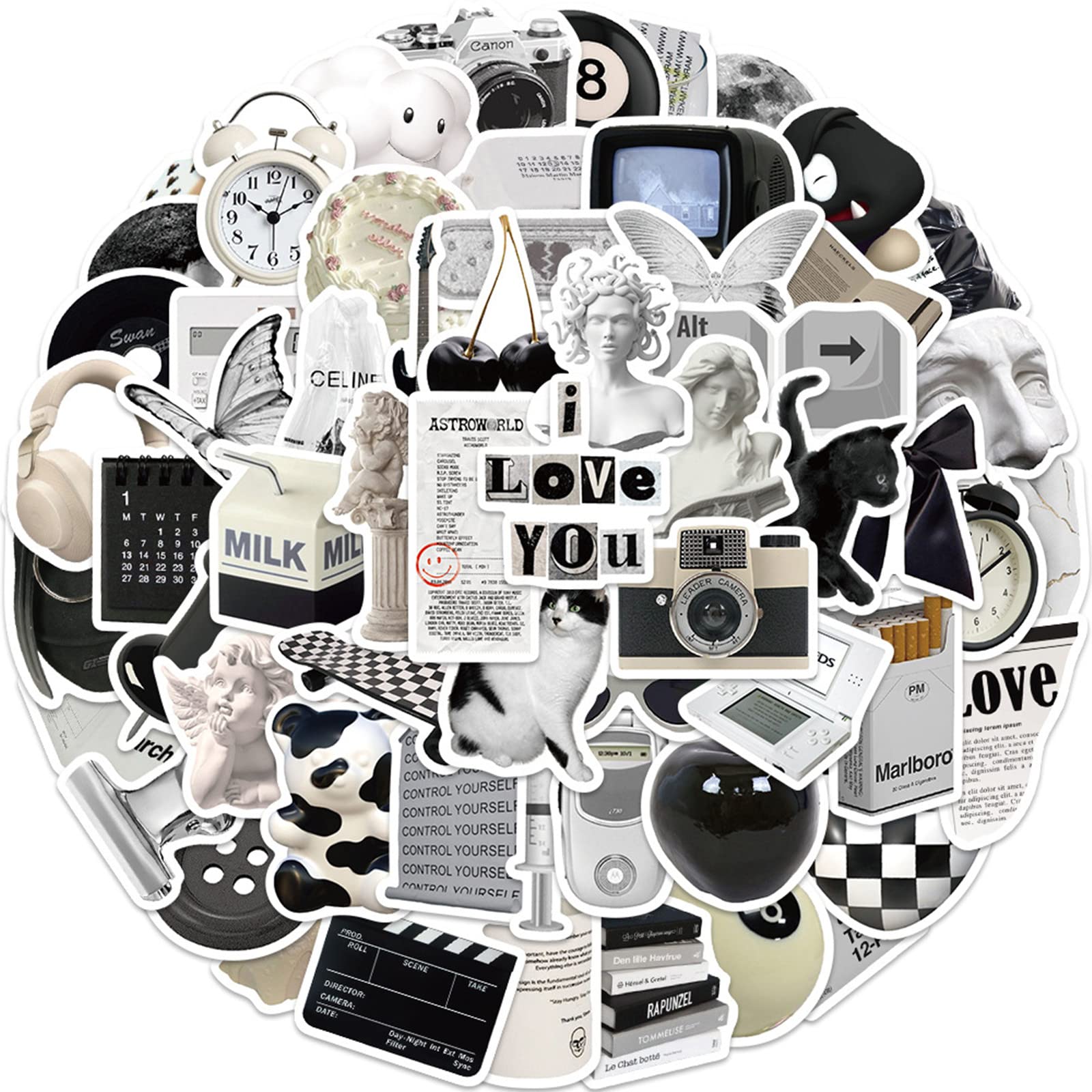 Aesthetic VSCO Stickers for Water Bottles,Black and White Simple Vinyl Sticker for Laptop,61Pcs DIY Decorate Skateboard Computer Phone Decals for Kids Girls Teens (Black & White)