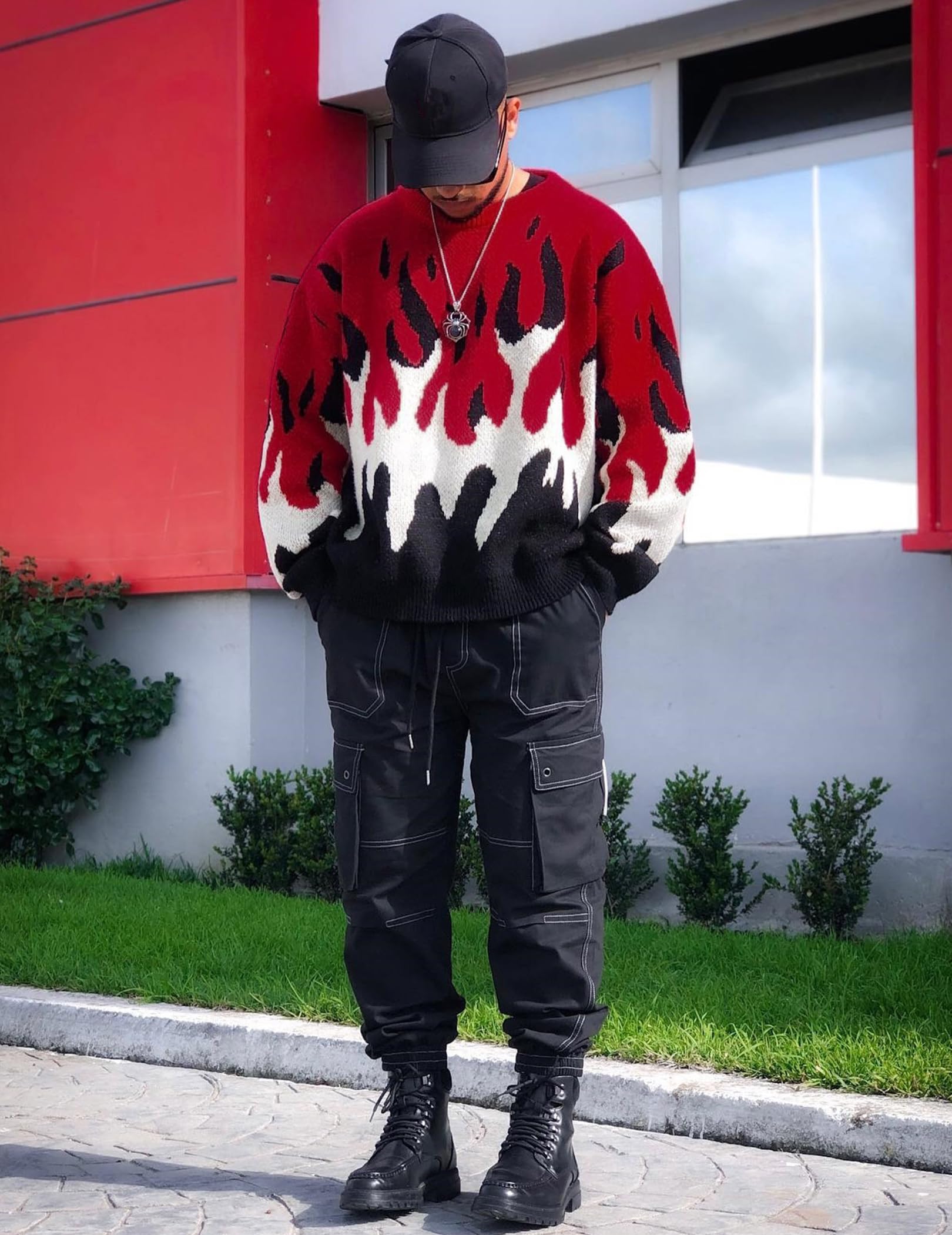 ZAFUL Men's Long-Sleeve Flame Graphic Y2K Aesthetic Crewneck Sweater Oversized Knit Jumper Pullover Wine Red XL