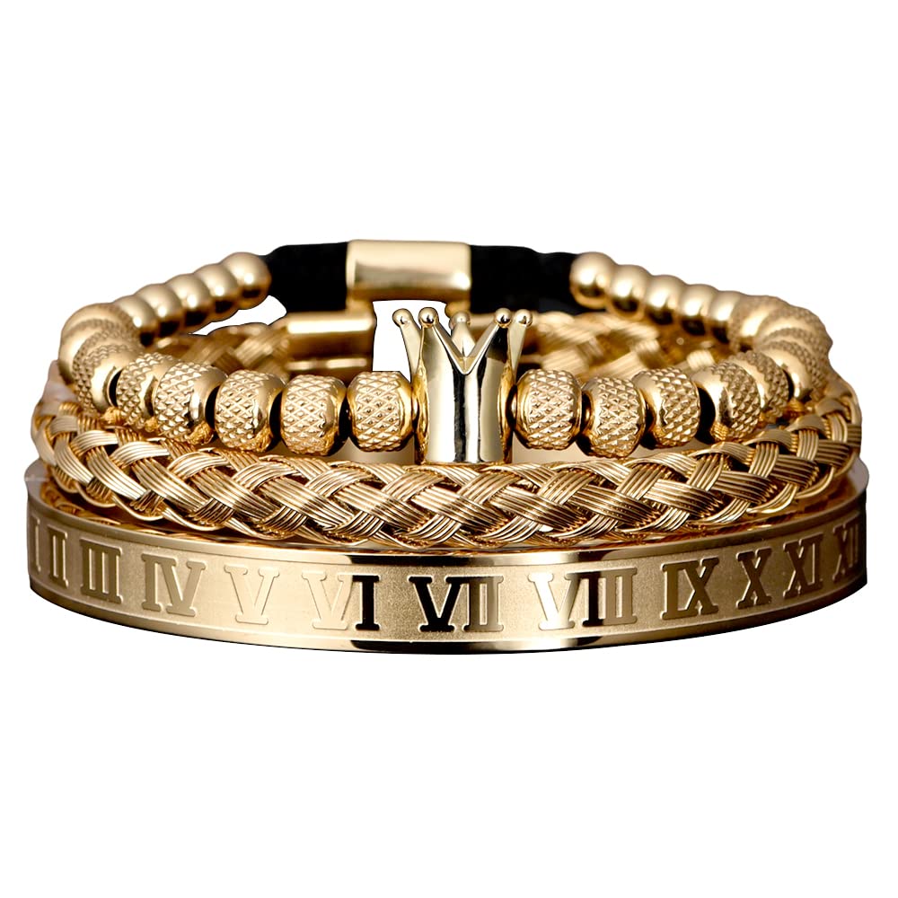 AIDUOMIRZER Luxury Roman Royal Crown Charm Men's bracelet Stainless Steel Geometry Pulseiras Men Open Adjustable Bracelets Couple Jewelry Gift (Gold 3psc/set)