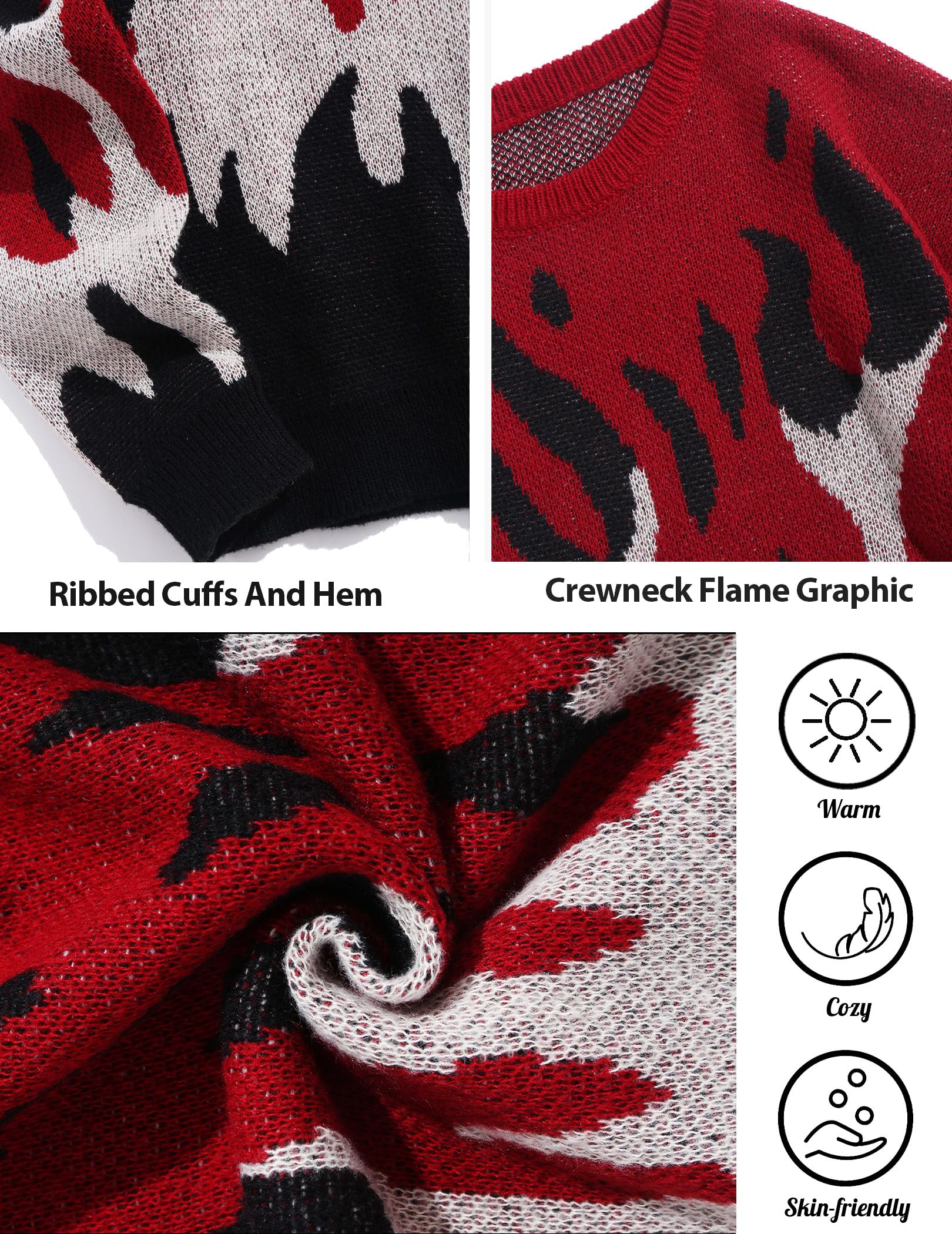 ZAFUL Men's Long-Sleeve Flame Graphic Y2K Aesthetic Crewneck Sweater Oversized Knit Jumper Pullover Wine Red XL