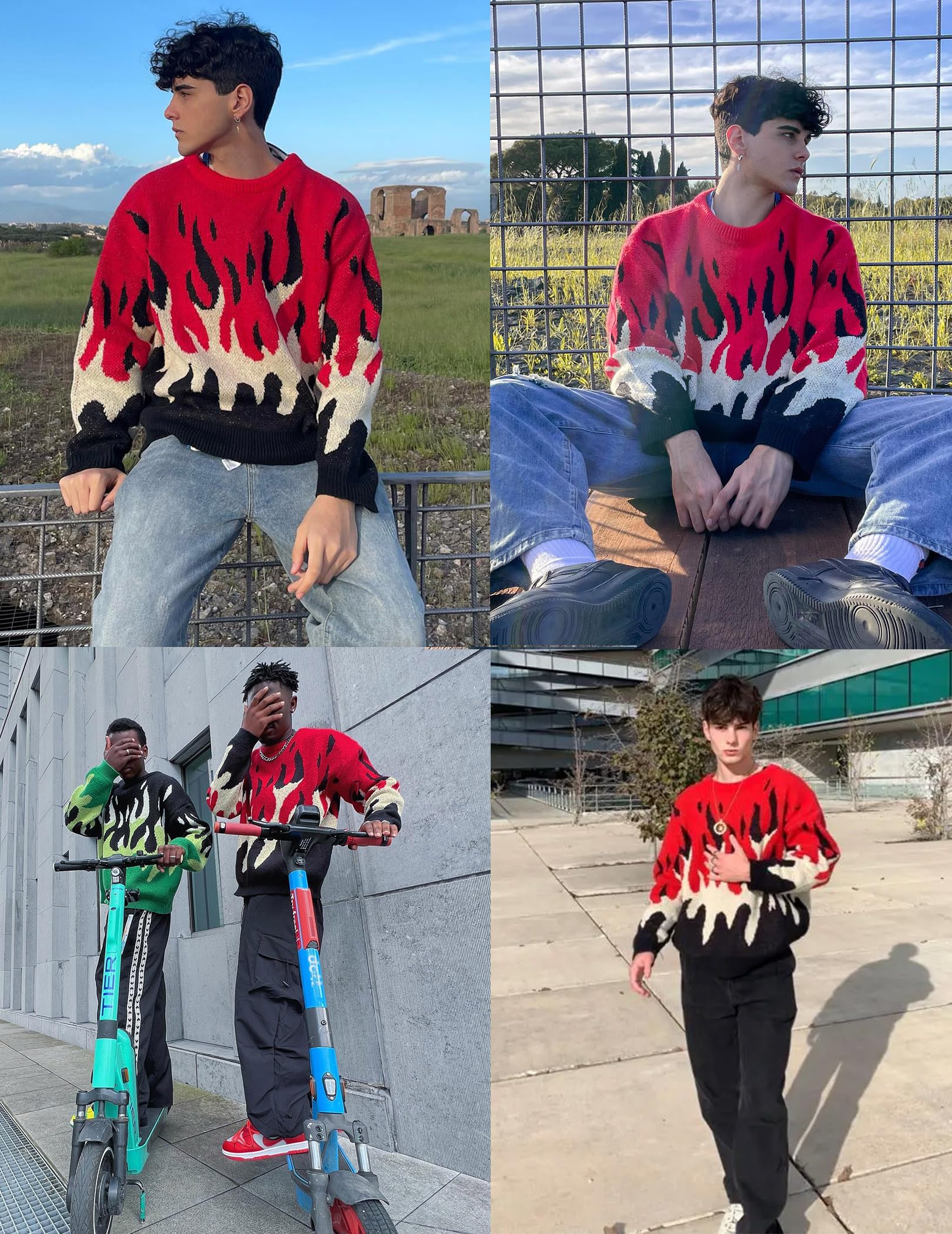 ZAFUL Men's Long-Sleeve Flame Graphic Y2K Aesthetic Crewneck Sweater Oversized Knit Jumper Pullover Wine Red XL