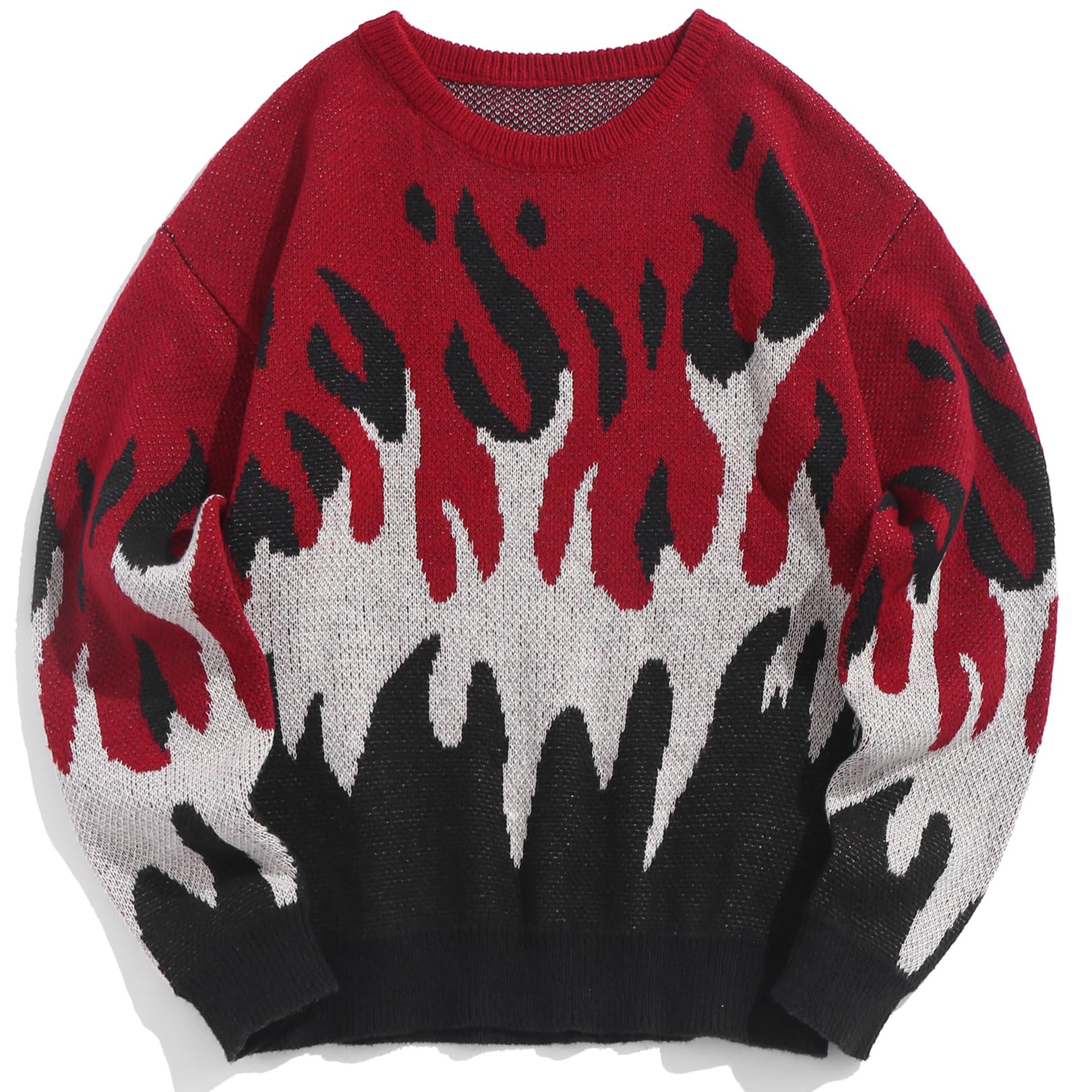 ZAFUL Men's Long-Sleeve Flame Graphic Y2K Aesthetic Crewneck Sweater Oversized Knit Jumper Pullover Wine Red XL