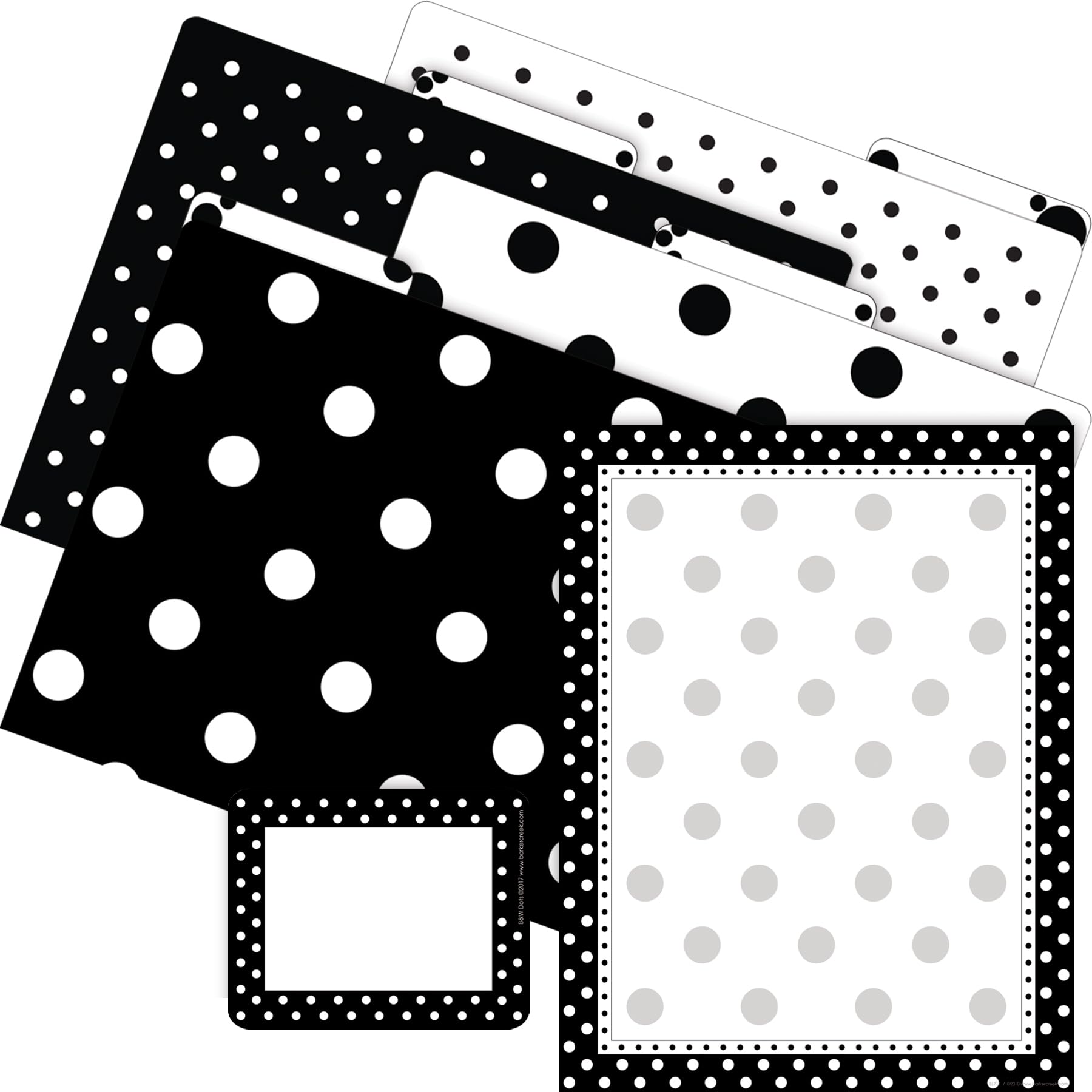 Barker Creek Get Organized Office Kit, Black & White Dot, 12 Coordinating File Folders printed on 14pt stock, 50 Sheets of Colorful Computer Paper, and 45 Versatile Self-Adhesive Labels/Name Tags(136)