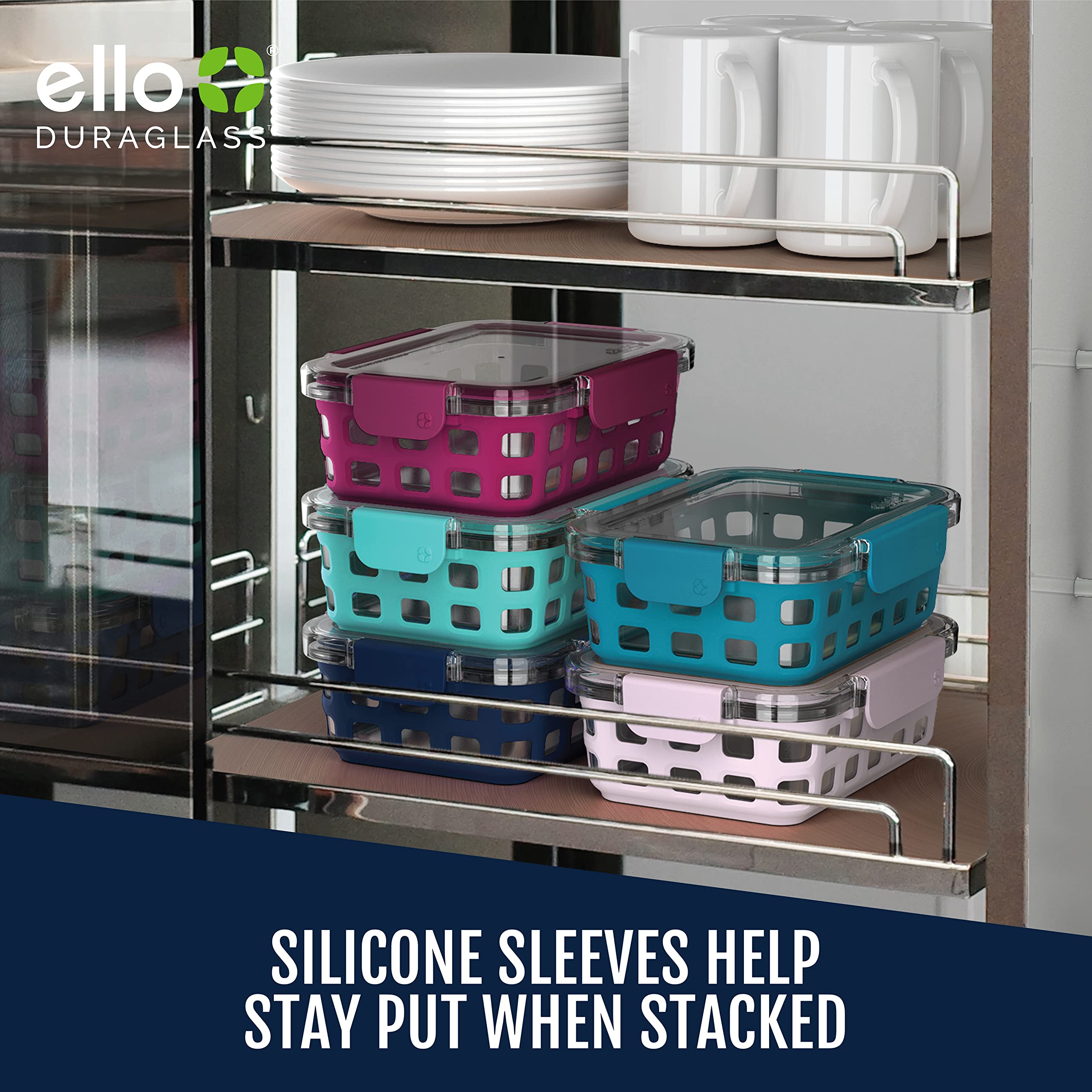Ello DuraGlass Glass Food Storage Meal Prep Containers with Silicone Sleeve and Airtight Lids, 6 Piece 3 Pack, Mixed Berry