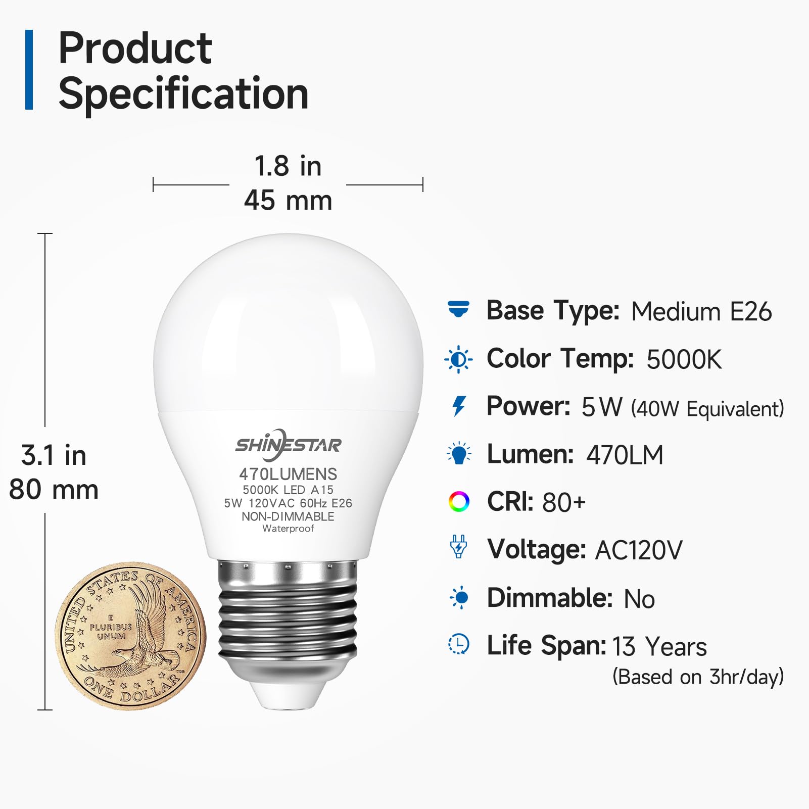 SHINESTAR Refrigerator Light Bulb, 40 Watt Appliance Bulbs for Fridge, 5000K Daylight, Waterproof A15 LED Bulb, Non-dimmable, 2-Pack