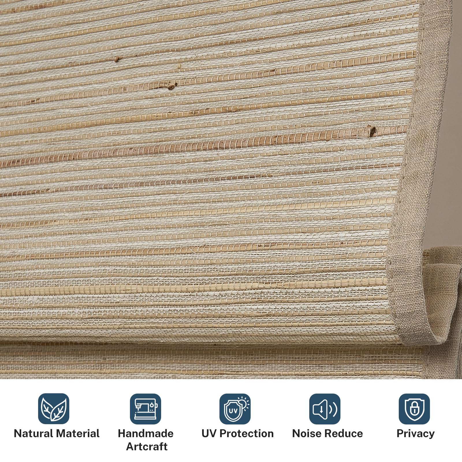 Pasoun Cordless Custom Roman Shades for Windows, Treatments, Natural Fabric Blind, Roman Window Shades, Almond(with Edge Liner,Block 90-95% Light), Custom Size