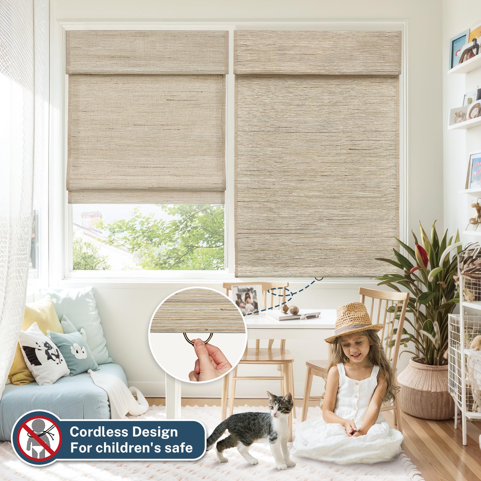 Pasoun Cordless Custom Roman Shades for Windows, Treatments, Natural Fabric Blind, Roman Window Shades, Almond(with Edge Liner,Block 90-95% Light), Custom Size