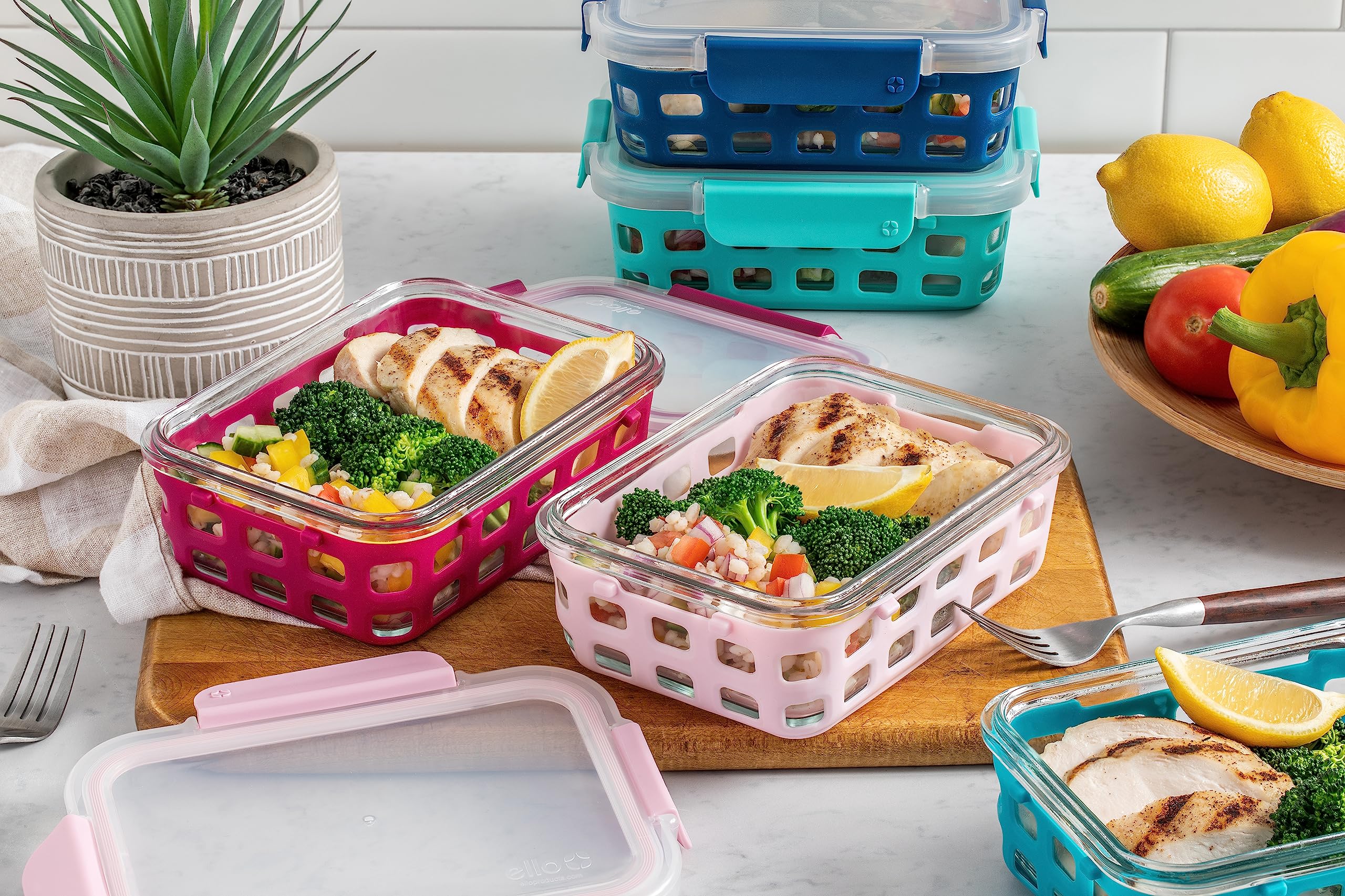 Ello DuraGlass Glass Food Storage Meal Prep Containers with Silicone Sleeve and Airtight Lids, 6 Piece 3 Pack, Mixed Berry