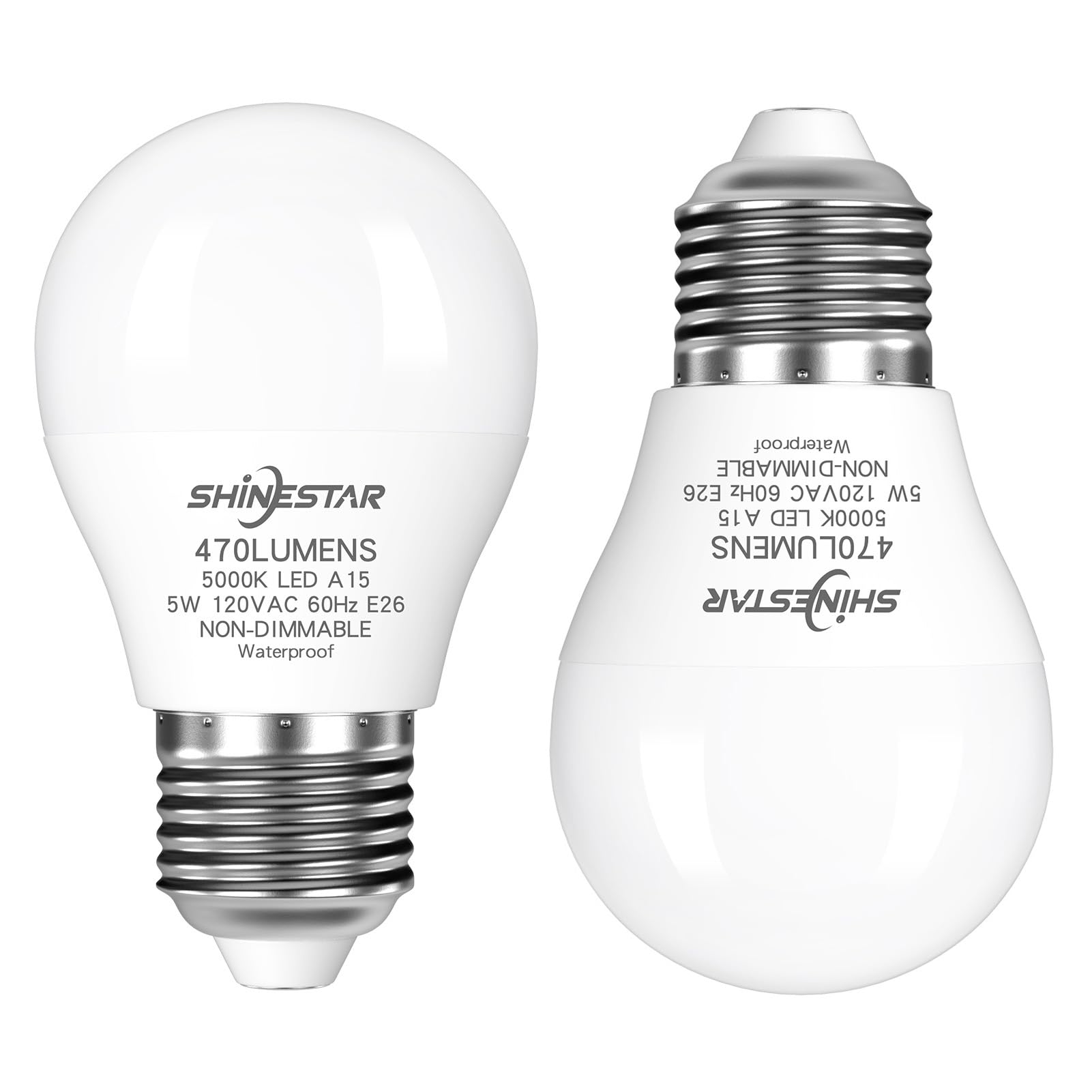 SHINESTAR Refrigerator Light Bulb, 40 Watt Appliance Bulbs for Fridge, 5000K Daylight, Waterproof A15 LED Bulb, Non-dimmable, 2-Pack