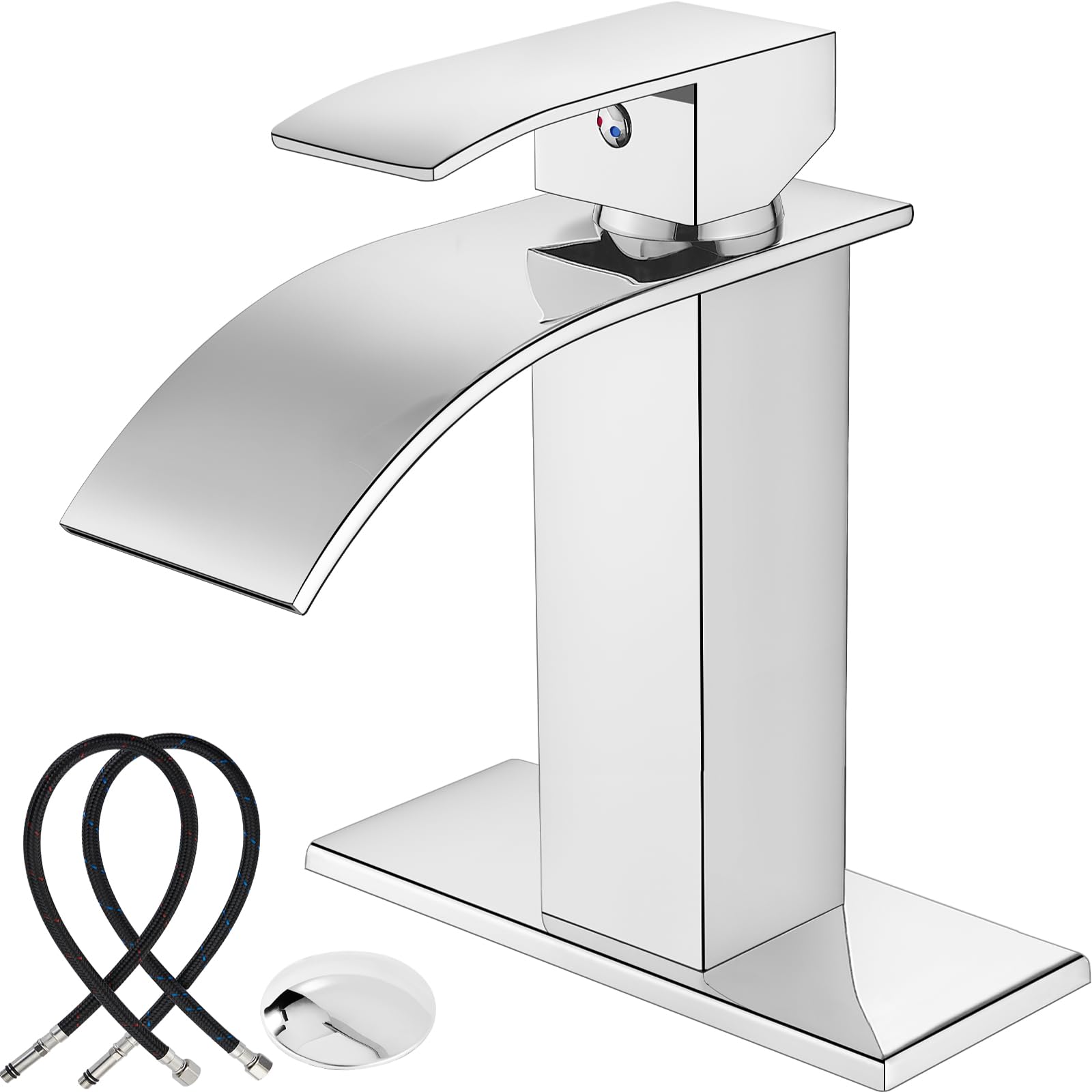 Midanya Bathroom Sink Faucet Waterfall Spout Single Handle 1 Hole Deck Mount Mixer Tap Lavatory Vanity Vessel Faucet Commercial with Pop Up Drain,Short, Polish Chrome