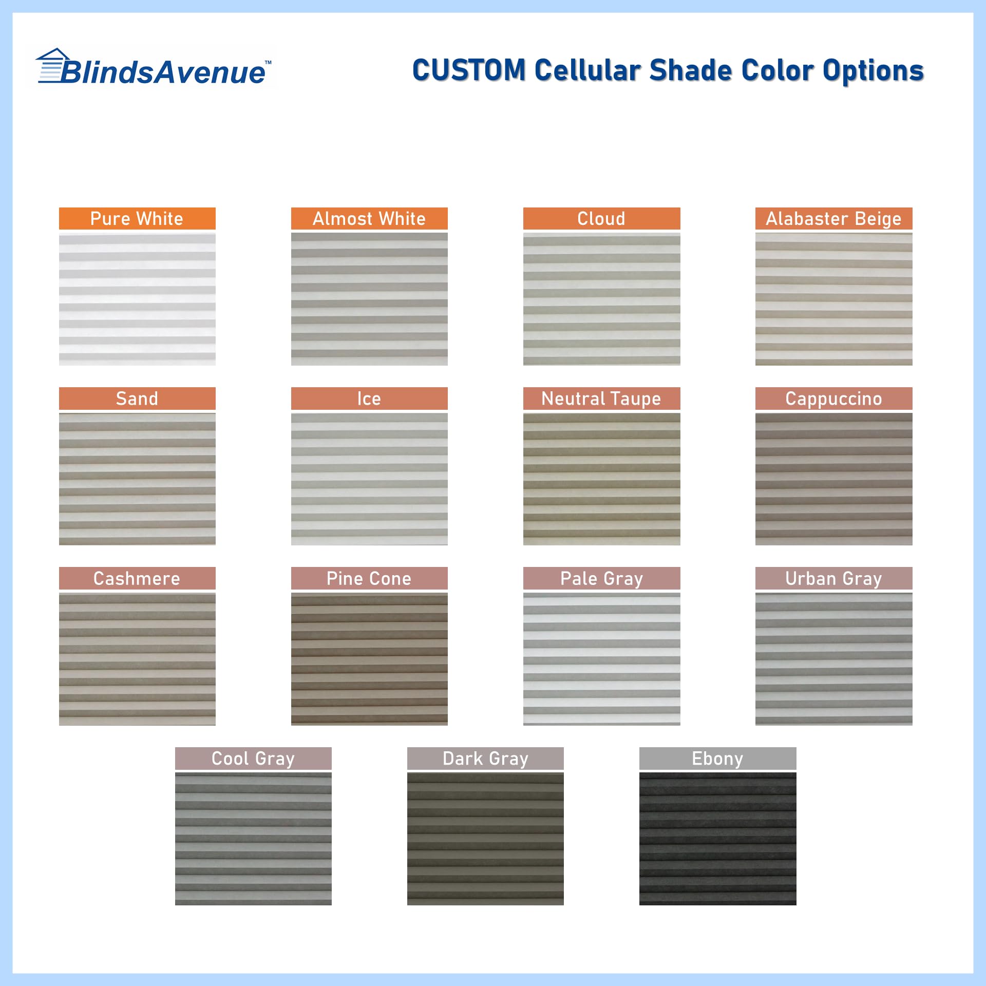 BlindsAvenue Custom ¾” Pleat, Cellular Shades, Color Urban Gray, Blackout Fabric Available in 2 Cordless Lift Systems. Customize to Widths Between 18”-96” Wide & Any Height Between 18”–84”