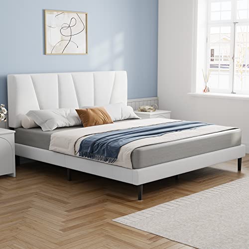 Molblly Full Bed Frame Upholstered Platform with Headboard and Strong Wooden Slats, Strong Weight Capacity, Non-Slip and Noiseless,No Box Spring Needed, Easy Assembly,Light White