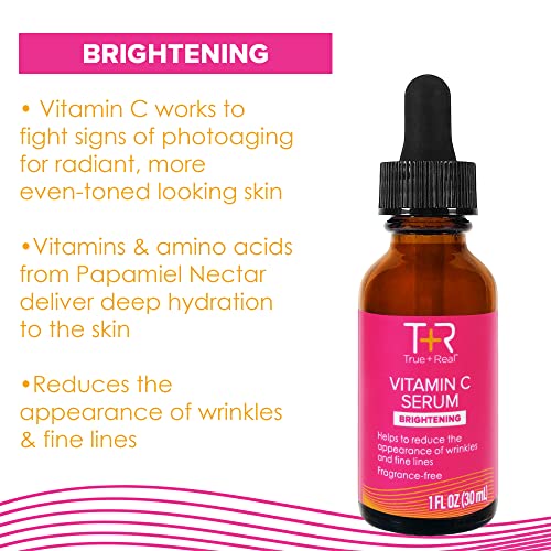 True+Real Vitamin C Serum for Face, Neck, Eyes β Premium Anti-Aging Serum, Reduce Wrinkles, Fine Lines, Dark Spots, Hydrating and Brightening, 10% PHAs - 1 Fl oz