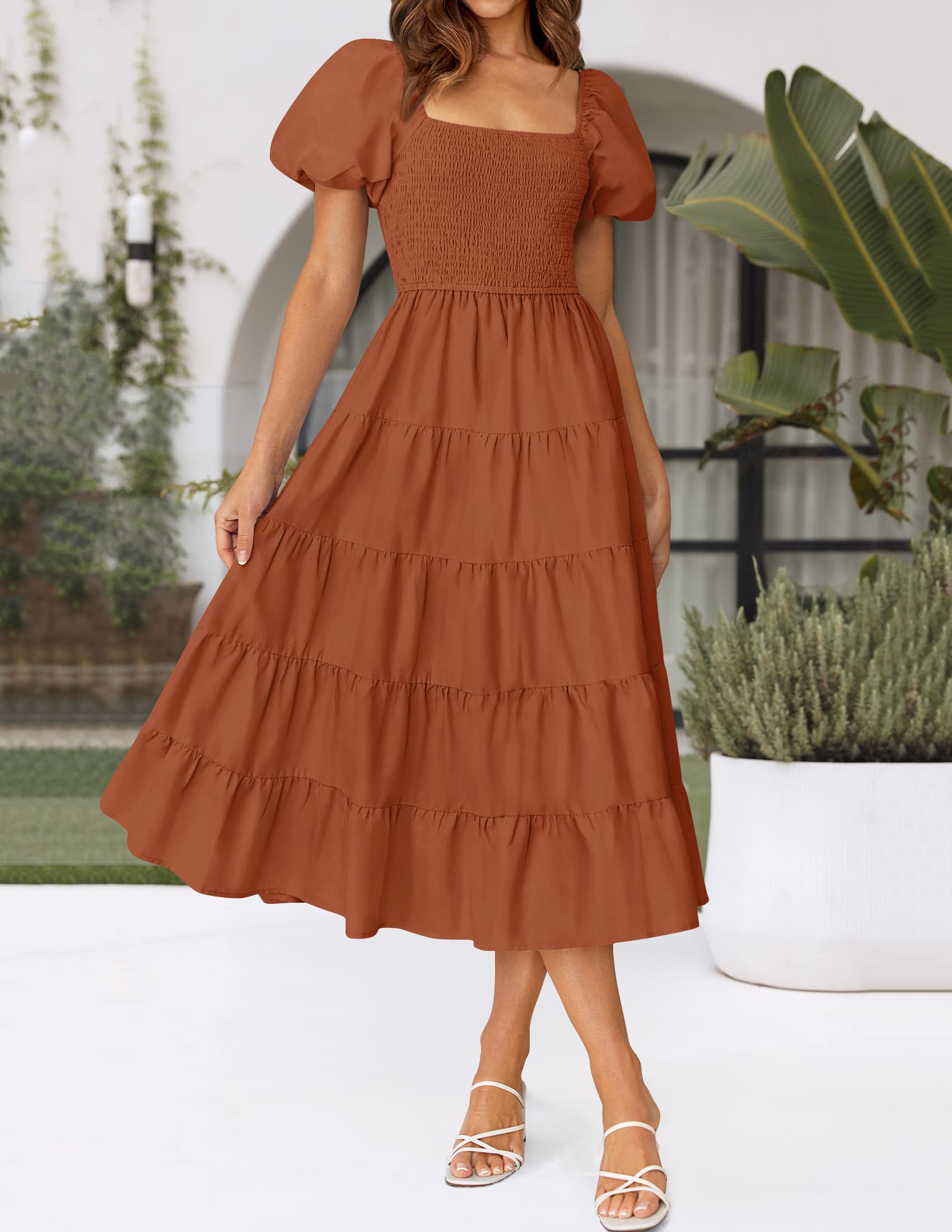 ZESICA Women's 2025 Summer Square Neck Short Puff Sleeve Solid Color High Waist Casual Smocked Flowy A Line Tiered Midi Dress,Rust,Small
