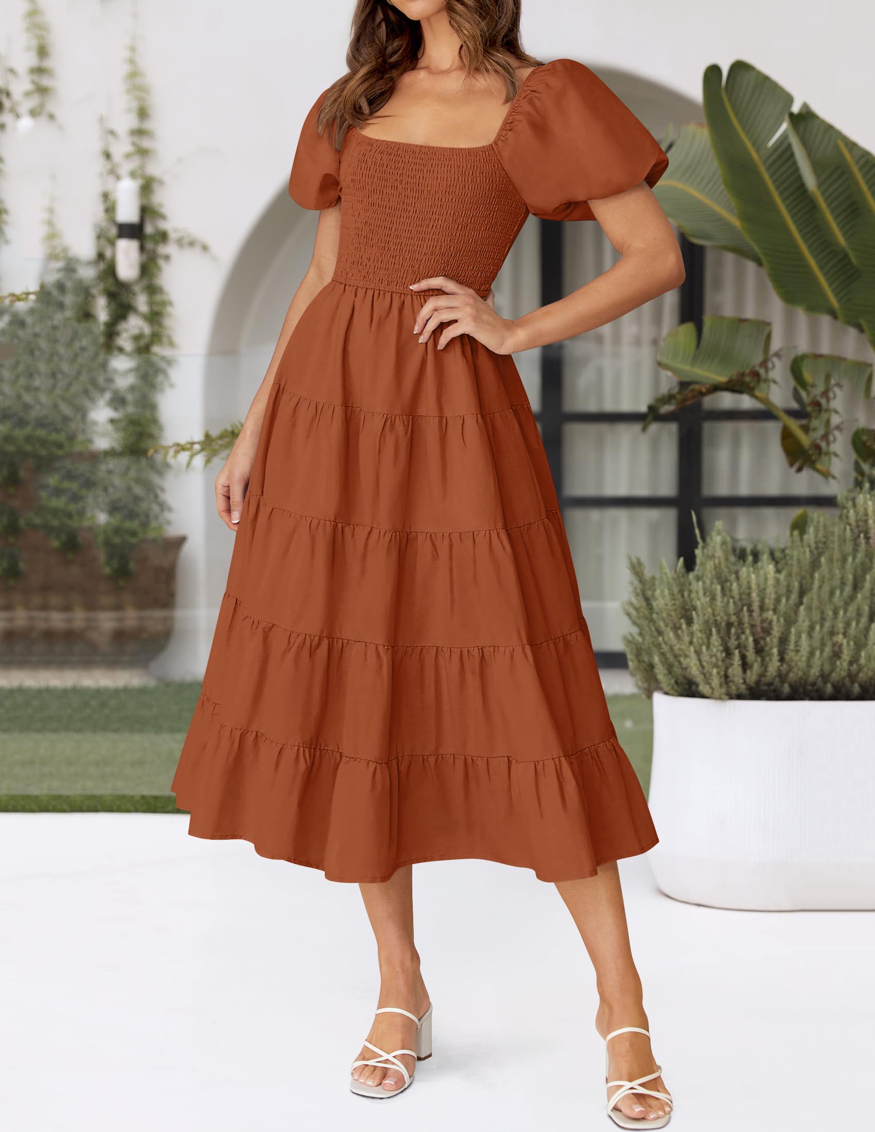 ZESICA Women's 2025 Summer Square Neck Short Puff Sleeve Solid Color High Waist Casual Smocked Flowy A Line Tiered Midi Dress,Rust,Small