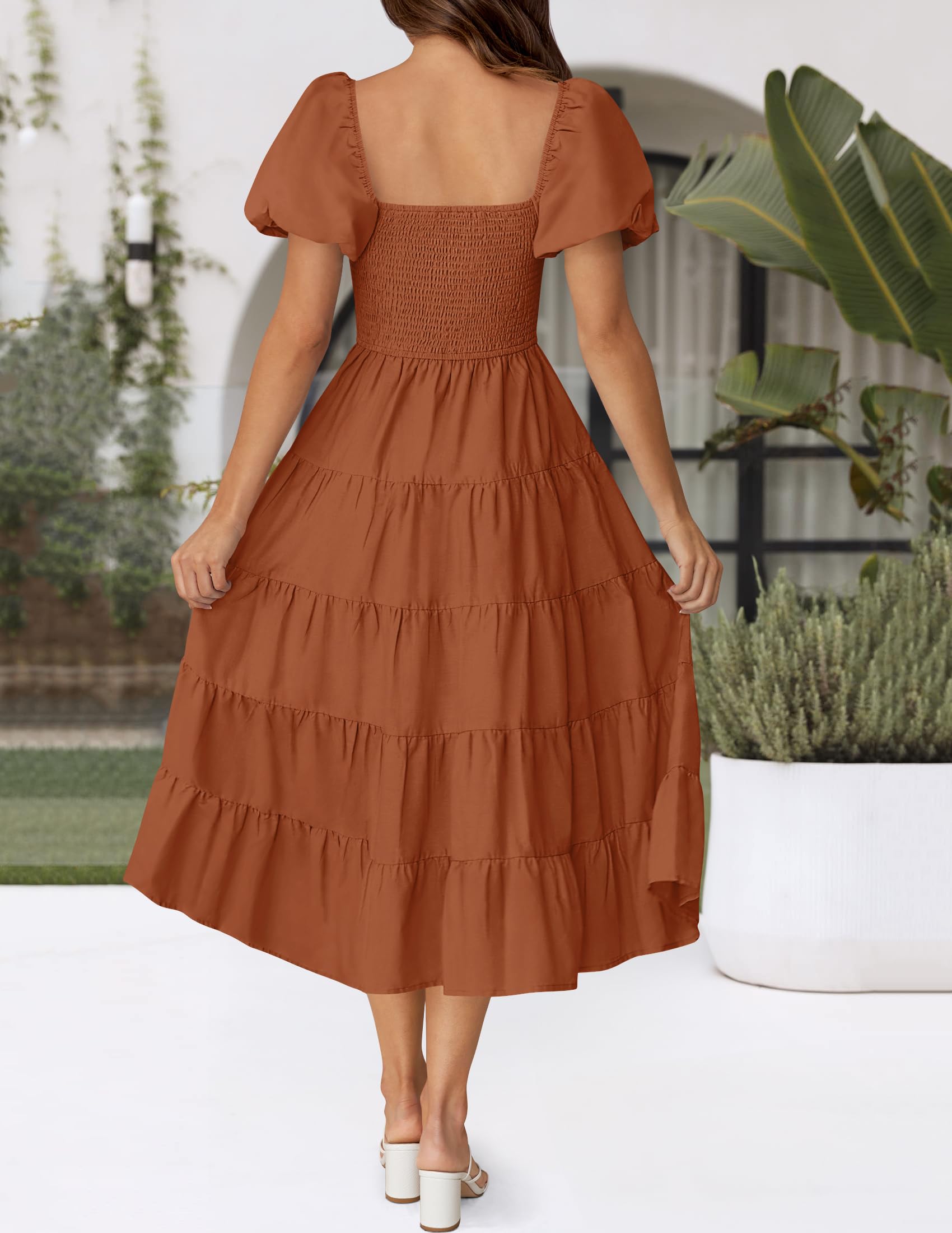 ZESICA Women's 2025 Summer Square Neck Short Puff Sleeve Solid Color High Waist Casual Smocked Flowy A Line Tiered Midi Dress,Rust,Small