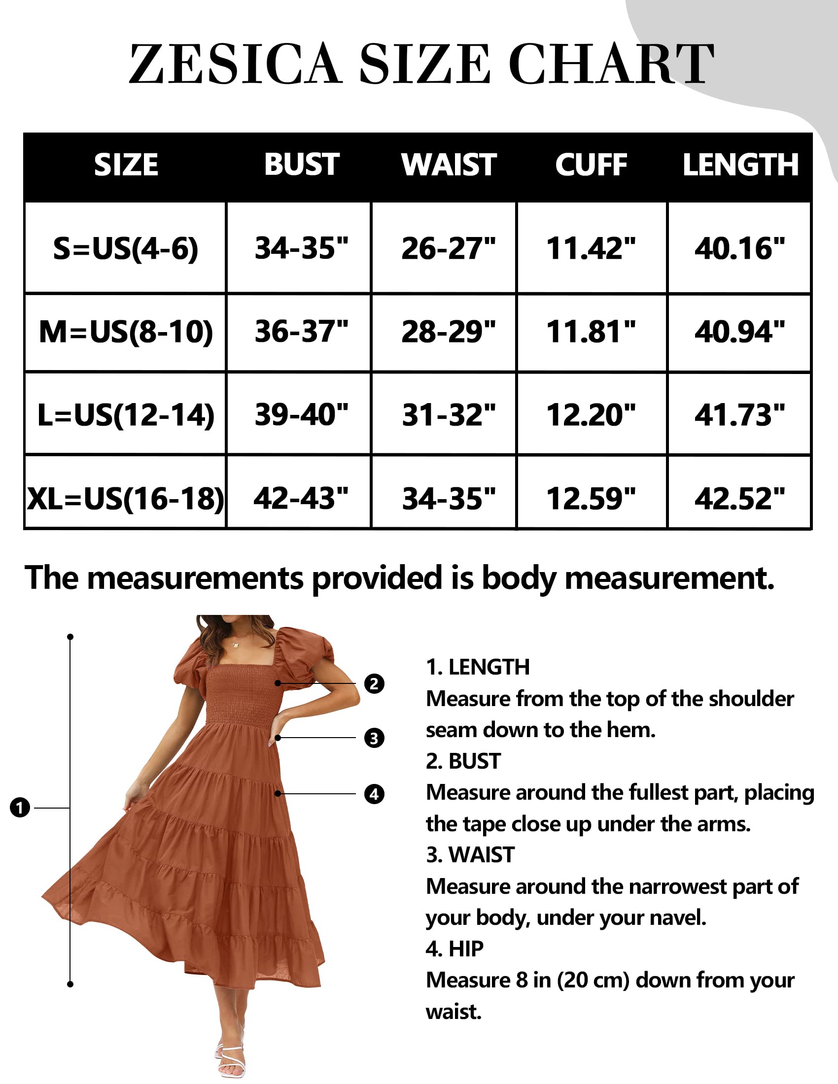 ZESICA Women's 2025 Summer Square Neck Short Puff Sleeve Solid Color High Waist Casual Smocked Flowy A Line Tiered Midi Dress,Rust,Small