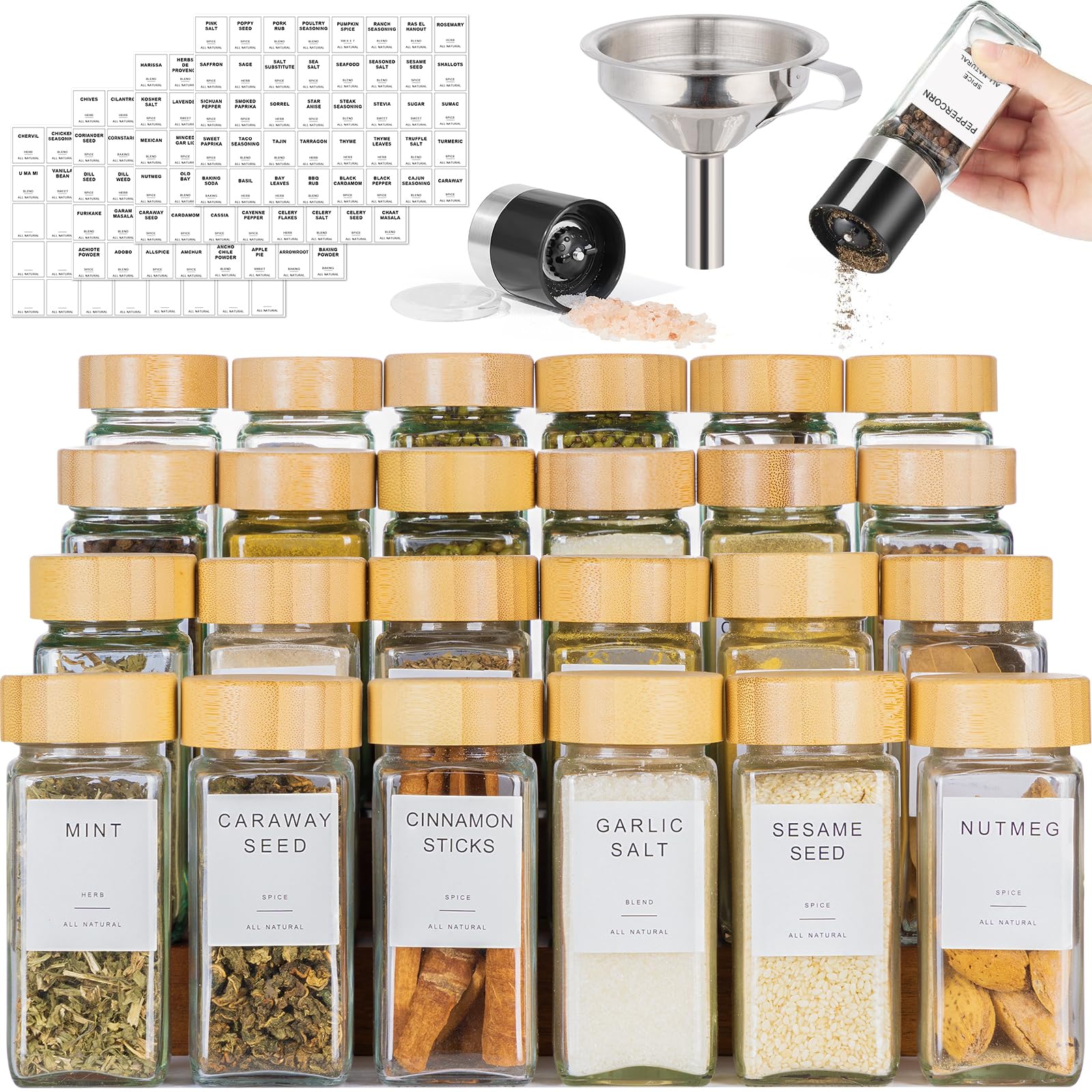 Weselljars 24 Pcs Spice Jars with Label, Thickened Glass Seasoning Jars with Bamboo Lids, Airtight Sealing Seasoning Bottles with Silicone Funnel for Easy Refilling, Spice Jars with Shaker Lids (24 Pcs Spice Jars)