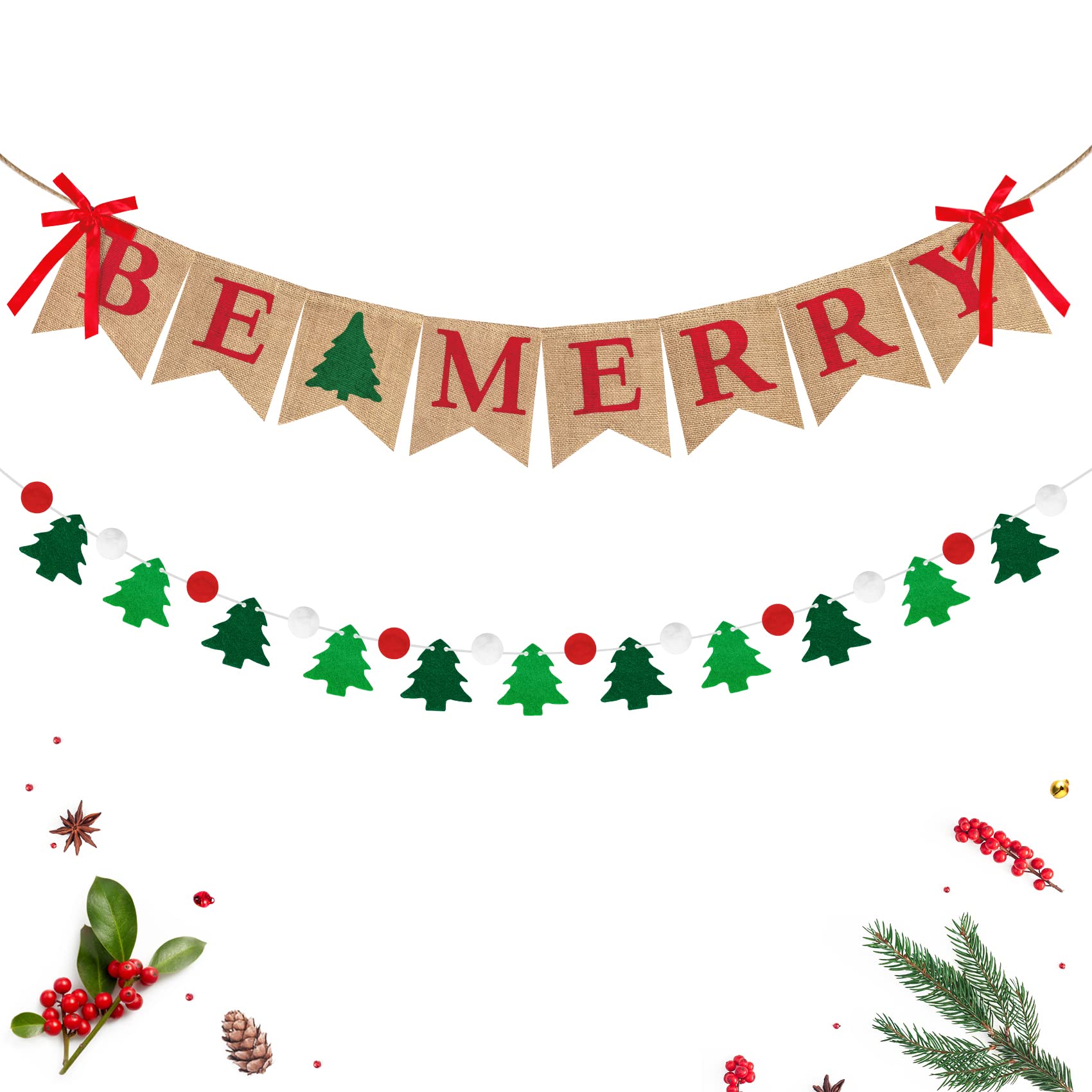 2Pcs Merry Christmas Banner, Be Merry Burlap Banner Felt Ball Christmas Tree Pom Pom Garland Happy Holidays Banner for Mantle Fireplace Christmas Xmas Party Holiday Decorations Home Outdoor Indoor