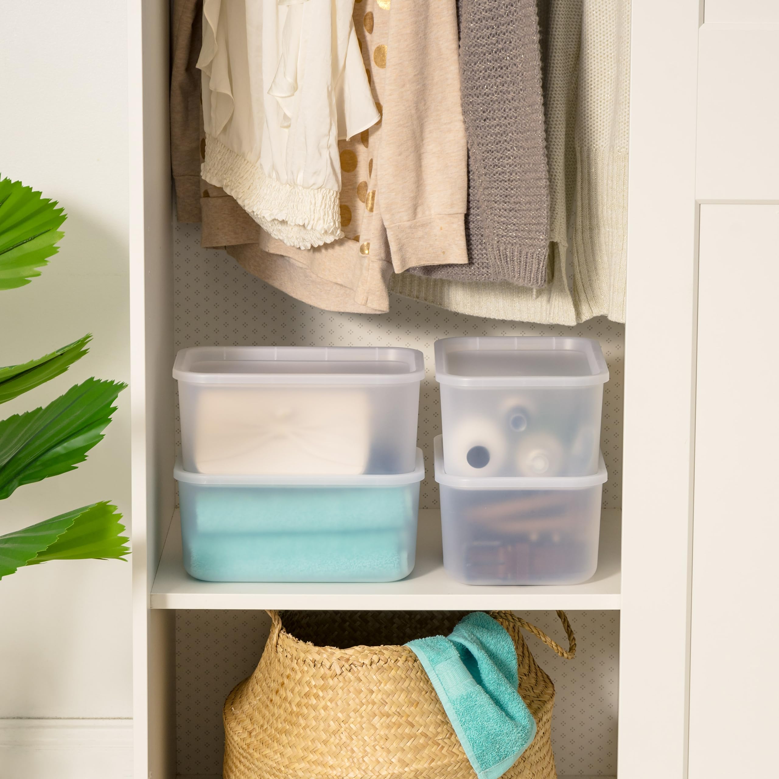 IRIS USA Plastic Storage Basket with Lid, 4-Pack, Stackable, for Kitchen Bathroom Bedroom Closet Kid's Room Office, Easy to Clean, Stylish Design, Shelf Organizer, Pearl