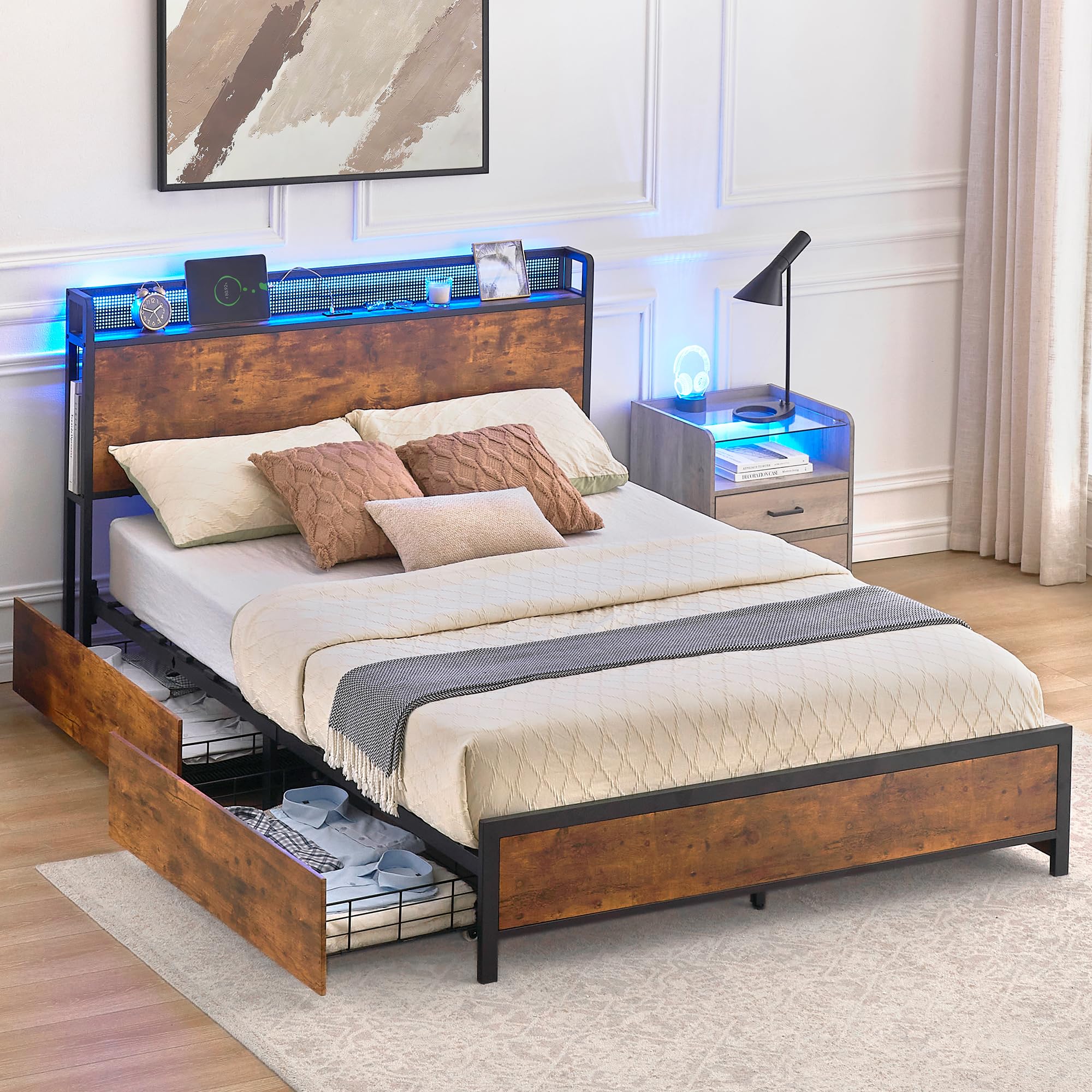 IDEALHOUSE Full Size Bed Frame with Storage Drawers and Charging Station, LED Light Full Bed Frame with Storage Headboard, Metal Platform Bed with Strong Wood Slats Support, No Box Spring Needed