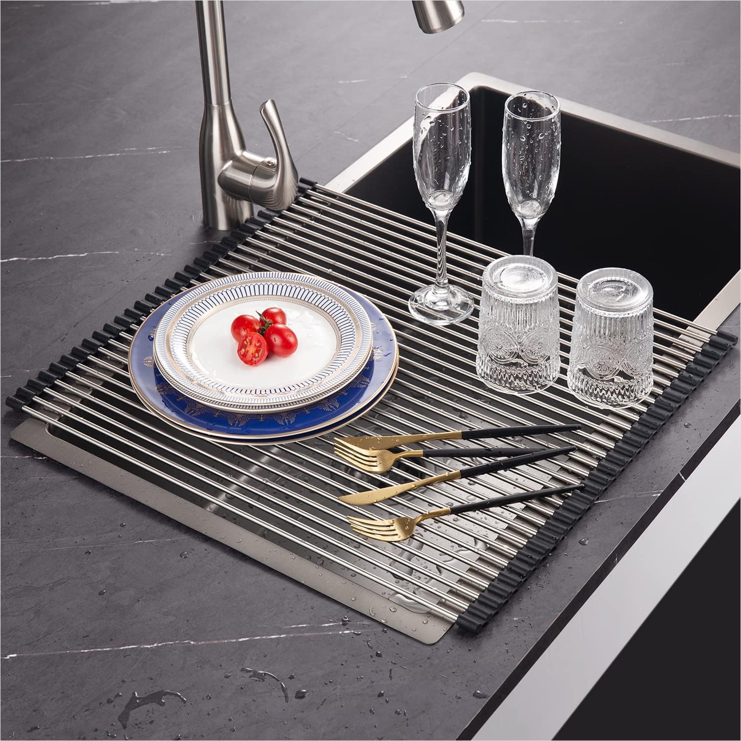 EMBATHER Roll Up Dish Drying Rack Over The Sink, 20.8'' x 18.1'' Dish Drying Rack for Kitchen Counter, Multipurpose Silicone Wrapped Foldable Kitchen Drainer Rack, Anti-Slip, Black