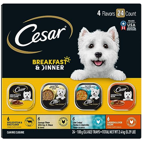 CESAR HOME DELIGHTS Adult Wet Dog Food & Classic Loaf in Sauce Breakfast & Dinner Variety Pack, (24) 3.5 oz. Easy Peel Trays
