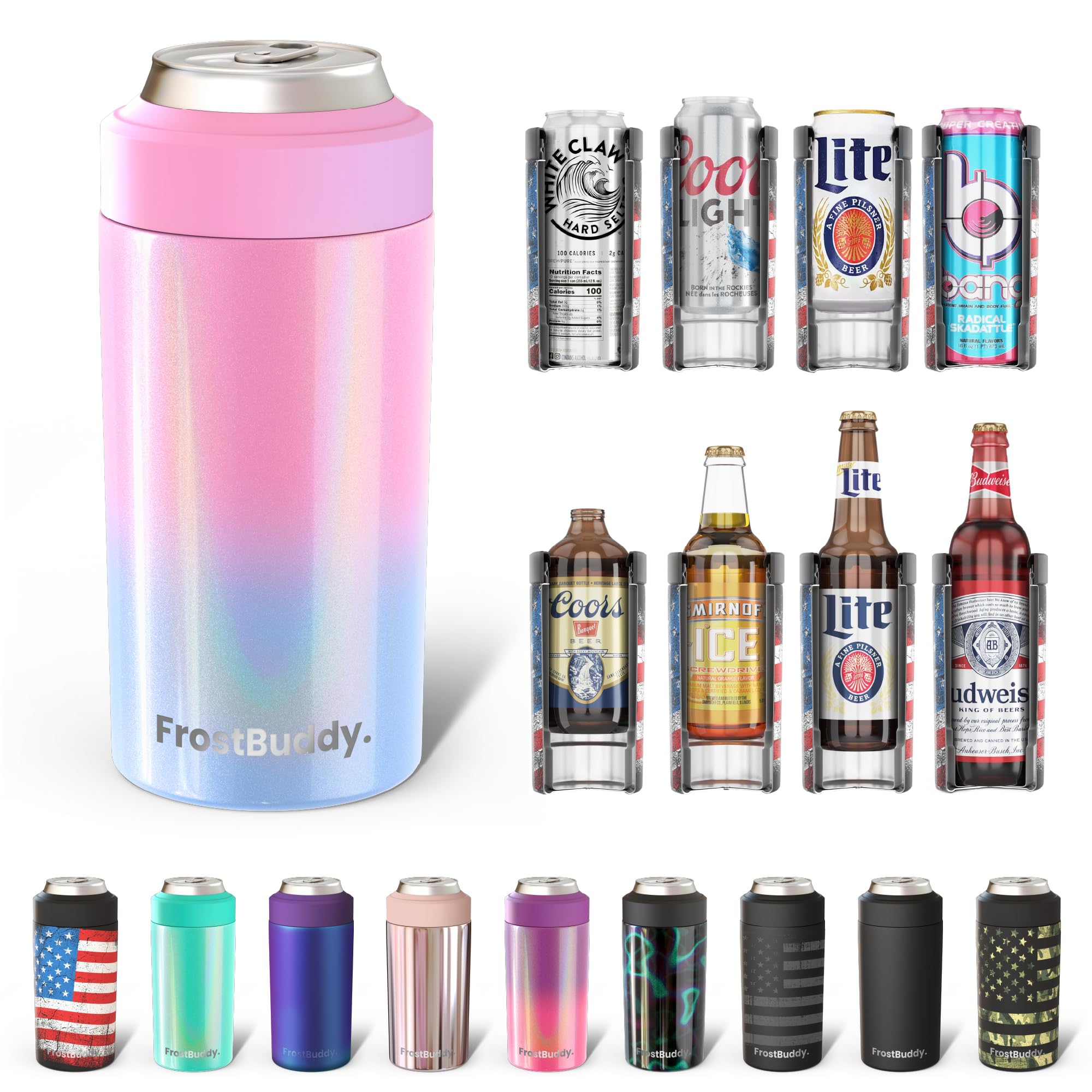 Frost Buddy Universal 2.0 5 Sizes in 1 Insulated Can Cooler - Stainless Steel Can Cooler for 12 oz & 16 oz Regular or Slim Cans & Bottles - Stainless Steel (Cotton Candy)