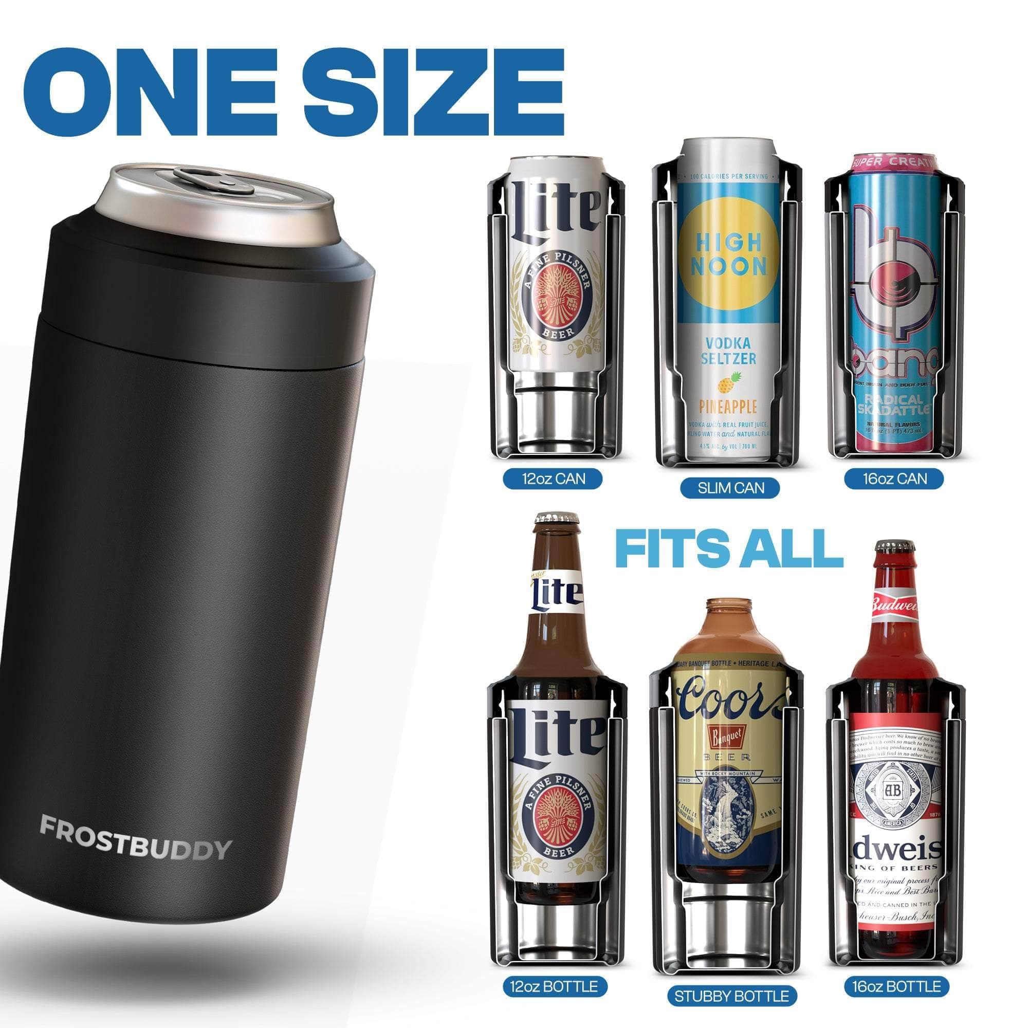 Frost Buddy Universal 2.0 5 Sizes in 1 Insulated Can Cooler - Stainless Steel Can Cooler for 12 oz & 16 oz Regular or Slim Cans & Bottles - Stainless Steel (Cotton Candy)
