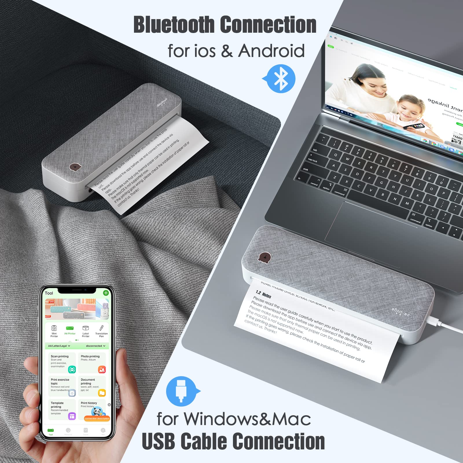 Bisofice PeriPage Portable Printer, A4 Wireless Bluetooth Travel Printer, Portable Thermal Printer Compatible with Android and iOS, Support 2''/3''/4'' Paper Width, Mobile Printer