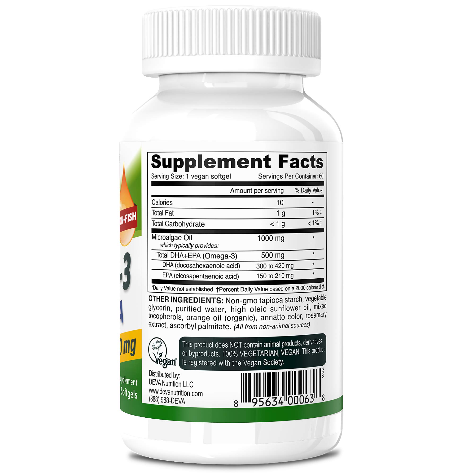 DEVA Vegan Omega-3 DHA EPA Supplement - Once-Per-Day Softgel 500 MG - Carrageenan Free - Gelatin Free - Non-Fish - Algae Oil Omega-3 Fatty Acids - 60 Softgels