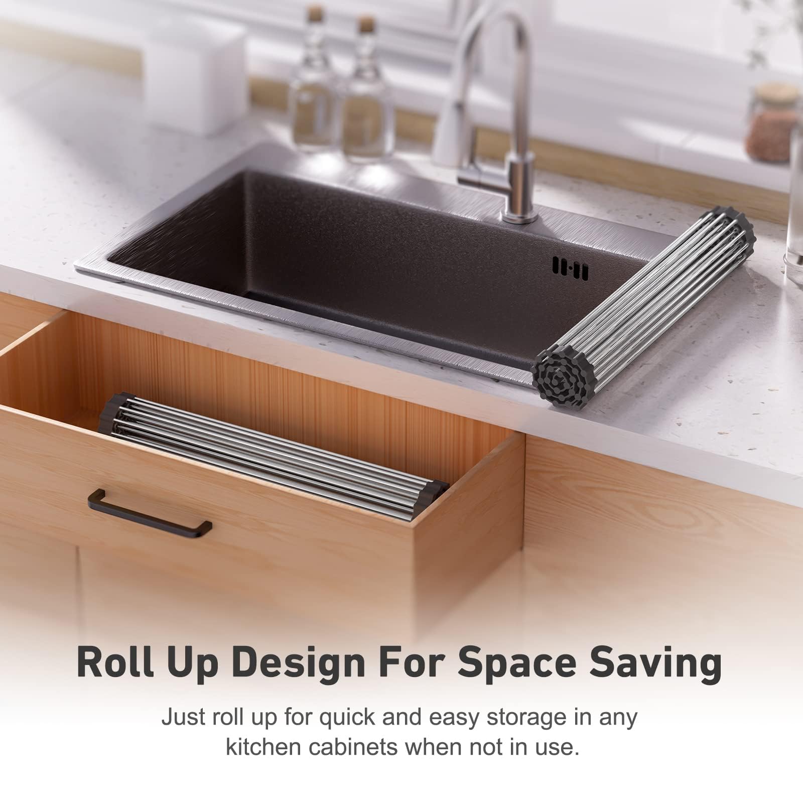 EMBATHER Roll Up Dish Drying Rack Over The Sink, 20.8'' x 18.1'' Dish Drying Rack for Kitchen Counter, Multipurpose Silicone Wrapped Foldable Kitchen Drainer Rack, Anti-Slip, Black