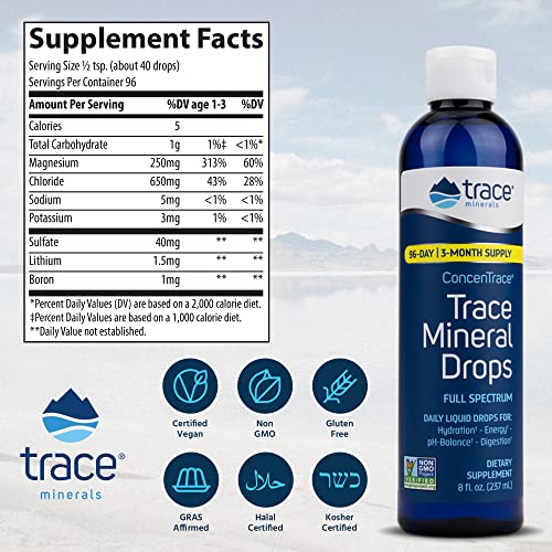 Trace Minerals ConcenTrace Drops | 72+ Minerals, Ionic Liquid Magnesium, Chloride, Potassium | Low Sodium | Energy, Electrolytes, Hydration | 96 Day Supply, 8 fl oz (Pack of 1)