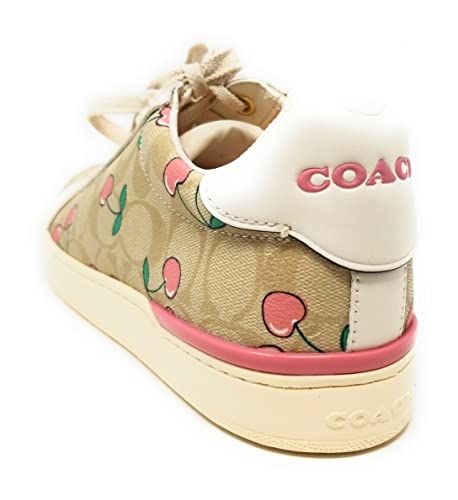 COACH Women's Clip Low Top Sneakers (Signature Canvas - Heart Cherry Print - Khaki/Pink, us_Footwear_Size_System, Adult, Women, Numeric, Medium, Numeric_9)