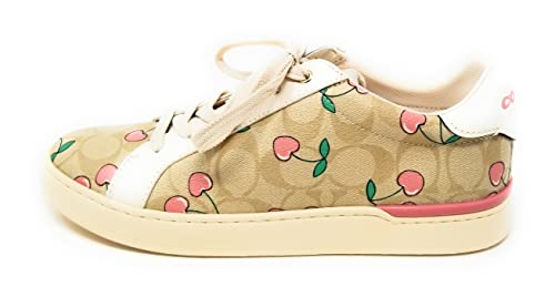 COACH Women's Clip Low Top Sneakers (Signature Canvas - Heart Cherry Print - Khaki/Pink, us_Footwear_Size_System, Adult, Women, Numeric, Medium, Numeric_9)
