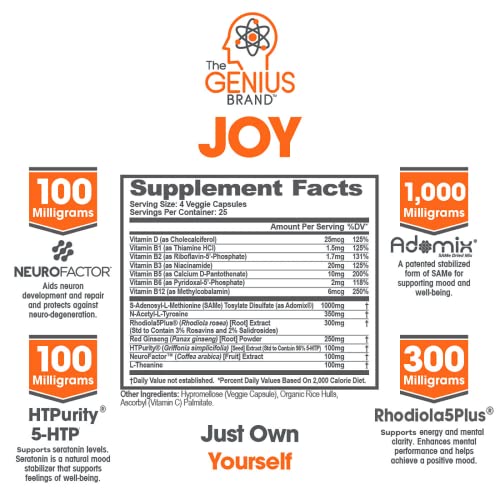Genius Joy, Nootropic Mood Enhancer Supplement - Support Cognitive Health, Enhance Mood & Neural Function with Brain Boosting L-Theanine, Panax Ginseng & SAM-e