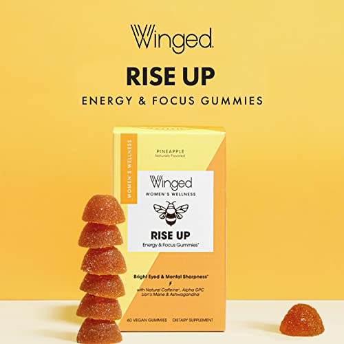 Winged Rise Up Gummies | Energy & Brain Boost Supplement | Natural Caffeine, Ashwagandha & B12 for Energy | Nootropics Alpha-GPC, Lion’s Mane & Huperzine A for Focus | Pineapple Flavor (30 Servings)