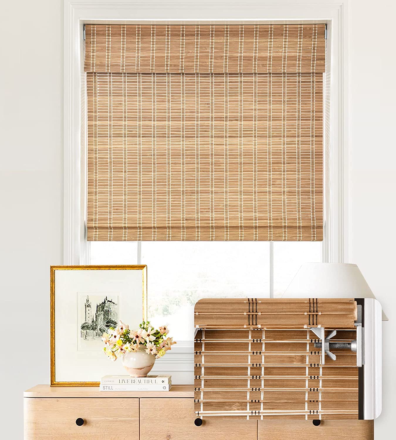 LazBlinds No Tools No Drill Cordless Bamboo Roman Shades, Light Filtering Window Treatment, Roll Up Bamboo Blinds for Window 27'' W x 64'' H, Brown