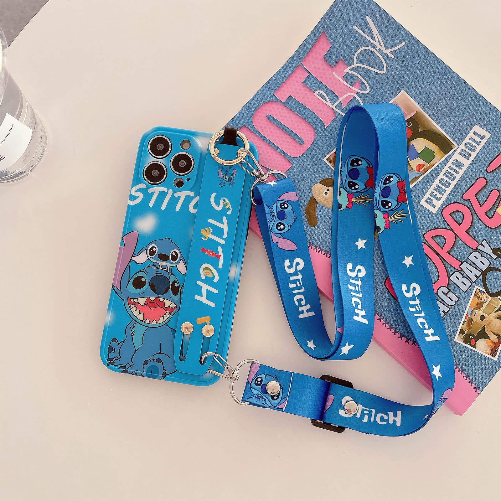 Hosiss Cartoon Case for iPhone 13 6.1'' with HD Screen Protector, Stitch Upgraded Wrist Strap Band Adjustable Lanyard TPU Shockproof Protective Phone Case for Women Girls