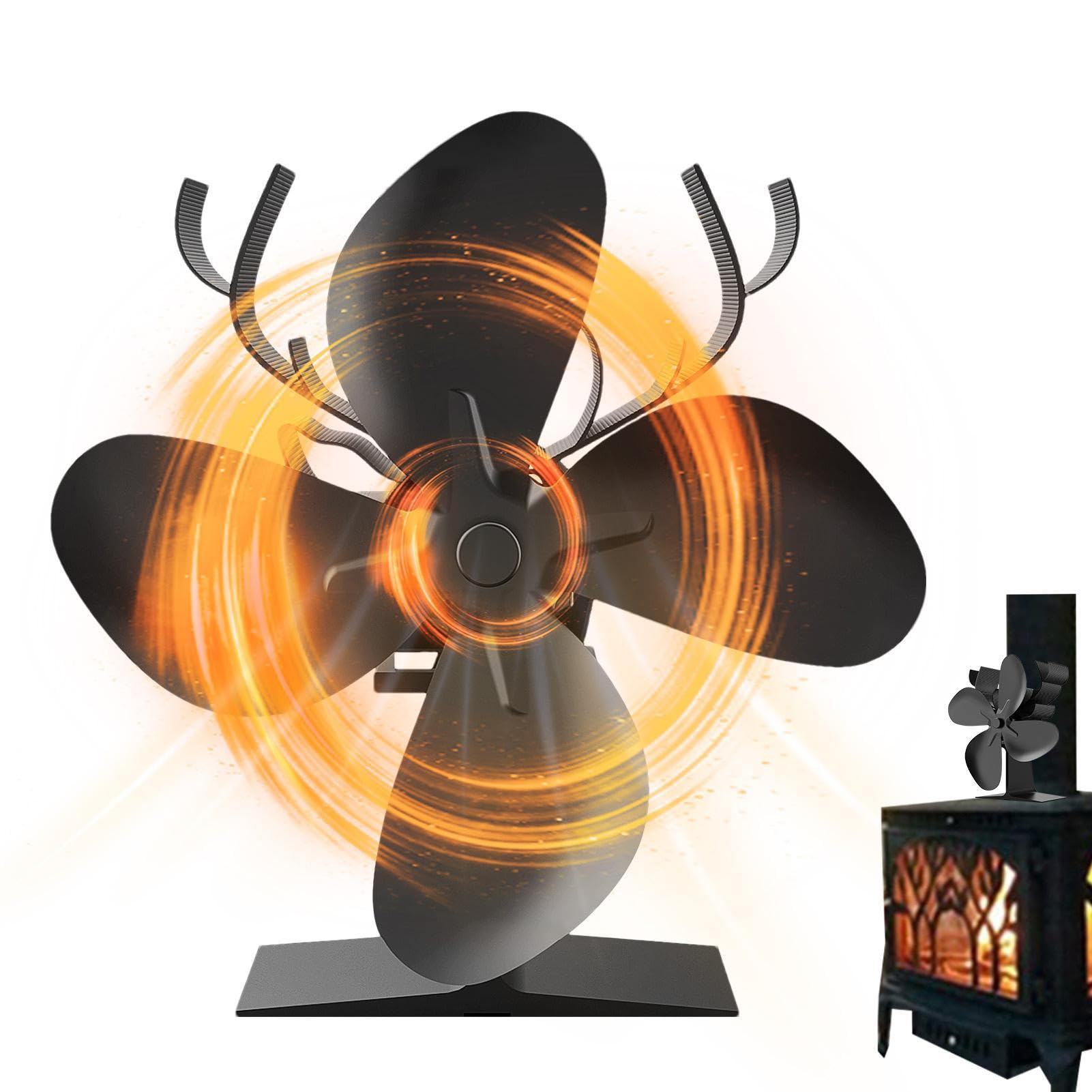 heybb Woodburner Stove Fan, 4 Blades Wood Stove Fans Heat Powered, Silent Operation with Stove Thermometer for Wood, Log Burner, Fireplace, Eco Friendly Circulatons and Efficient Heat Distributions