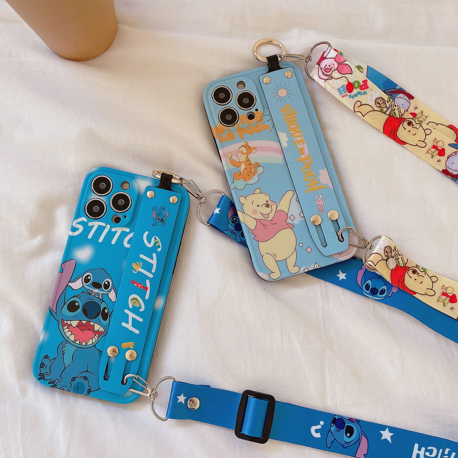 Hosiss Cartoon Case for iPhone 13 6.1'' with HD Screen Protector, Stitch Upgraded Wrist Strap Band Adjustable Lanyard TPU Shockproof Protective Phone Case for Women Girls